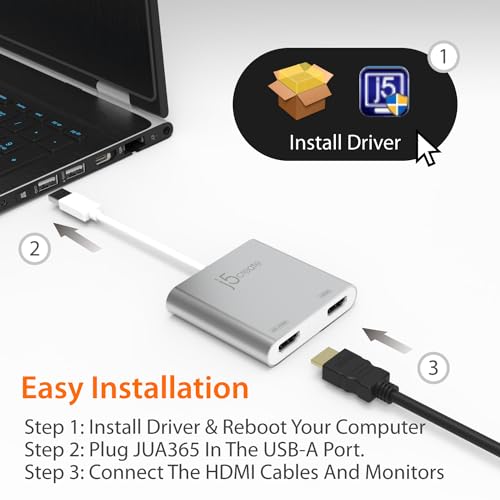 j5create USB to HDMI Adapter - Dual HDMI USB 3.0 Multi-Monitor Cable | 4K + 1080p | Compatible with Windows and macOS (JUA365)