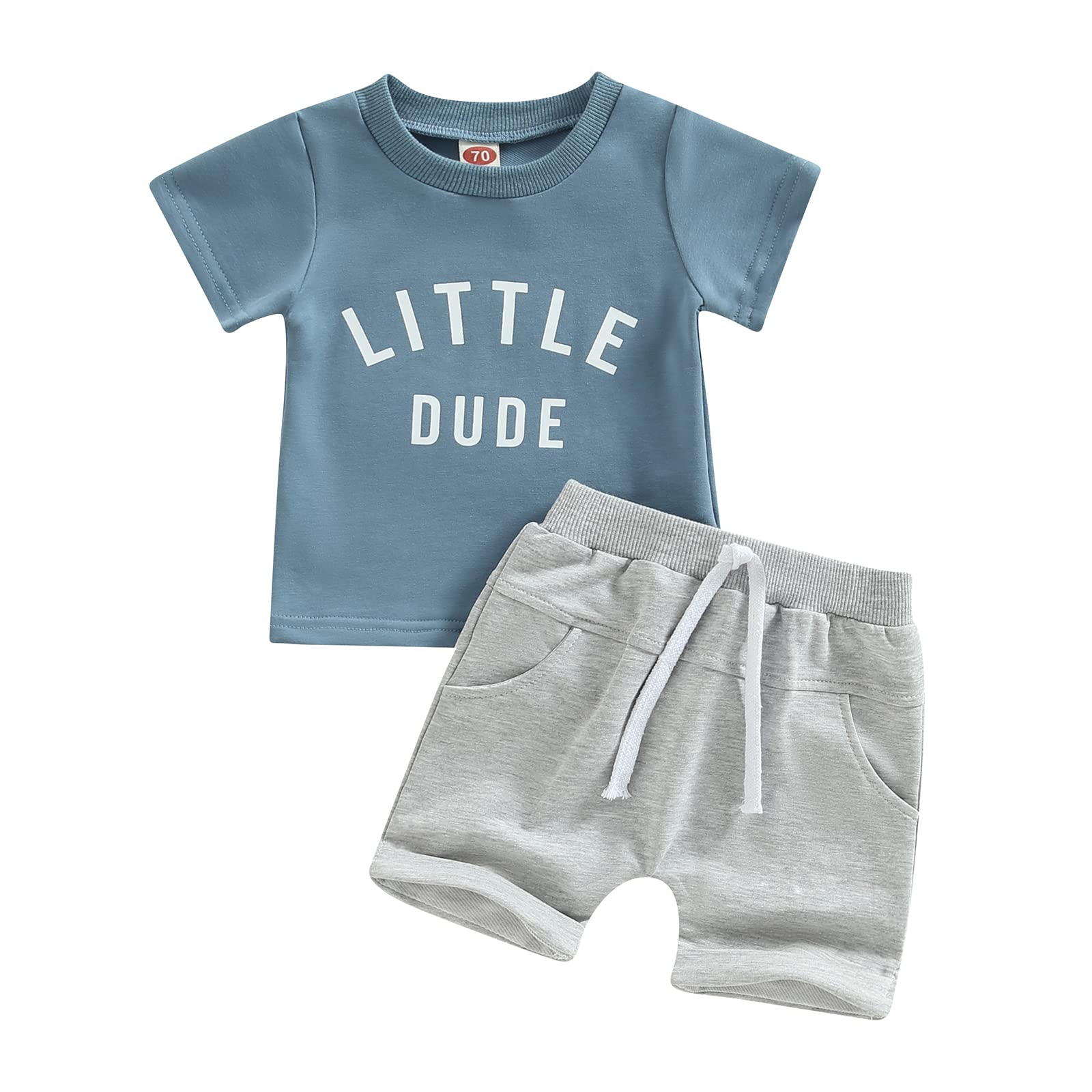 Toddler Baby Boy Summer Clothes Little Dude T-Shirt Short Sleeve Tops Solid Color Short Set Infant 2Pcs Outfits (Blue, 0-6 Months)
