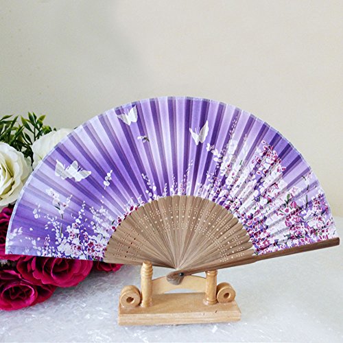 Pattern Folding Dance Wedding Party Lace Silk Folding Hand Held Flower Fan Fan Clip on Battery Operated (`-G, One Size)