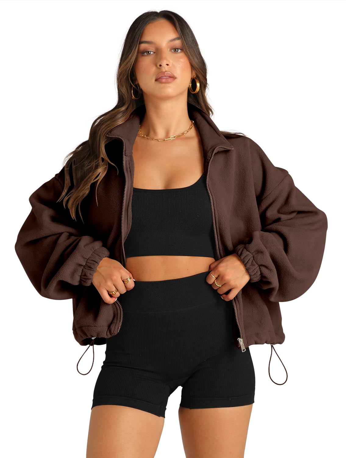JZC Women's Zip Fleece Short Jacket Warm Winter Long Sleeve Sweatshirt Sherpa Crop Coat Brown Small