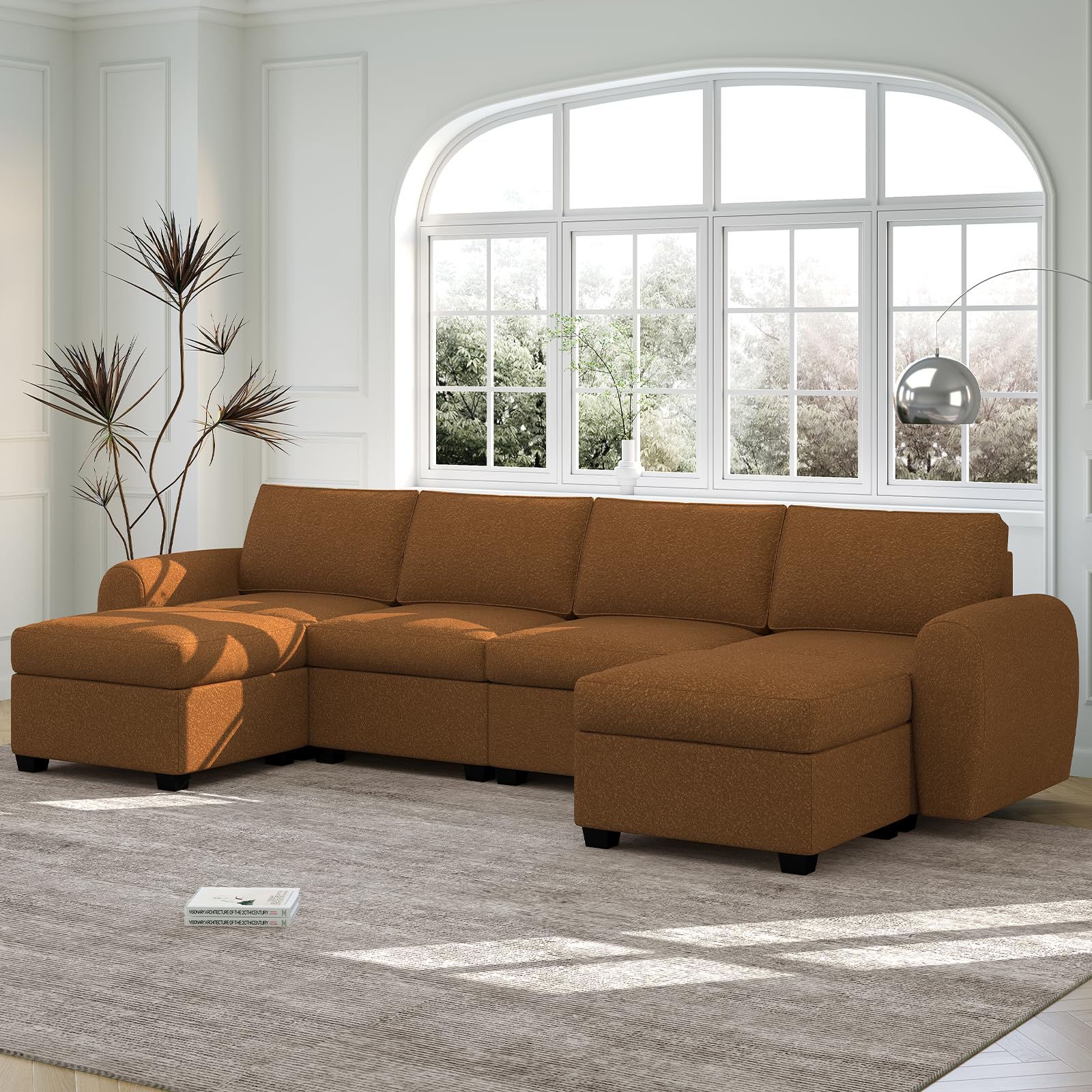 Wimarsbon Reversible Storage Modular Sofa,Modern Sectional Sofa Couch, Luxury Teddy Velvet Sofa Set with Ottomans for Living Room/Lounges (Brown, 6 Seats)
