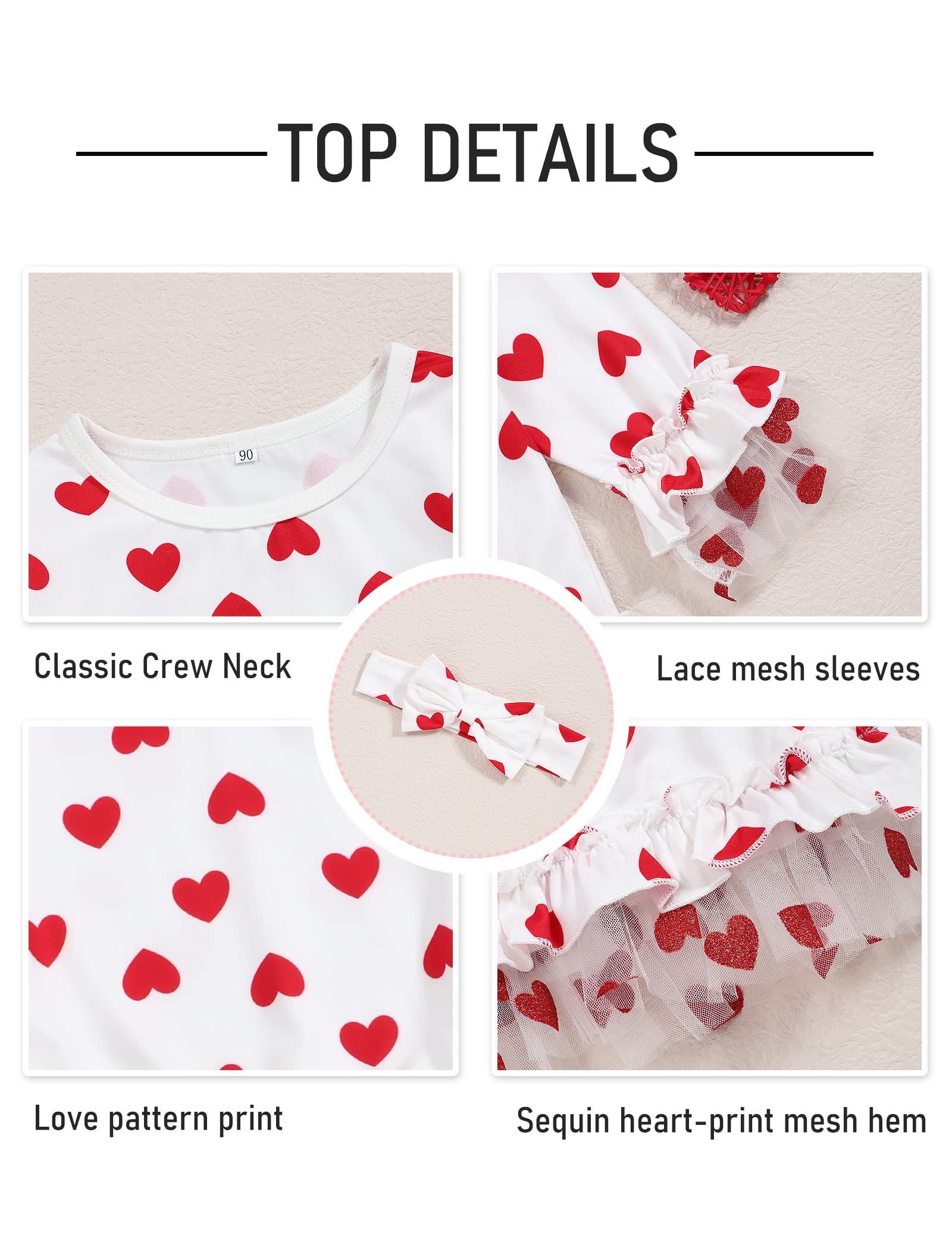 Toddler Baby Girl Valentine's Day Outfit Long Sleeve Ruffle Heart Printed Top Bell Bottom Pants Headband 3Pcs Set