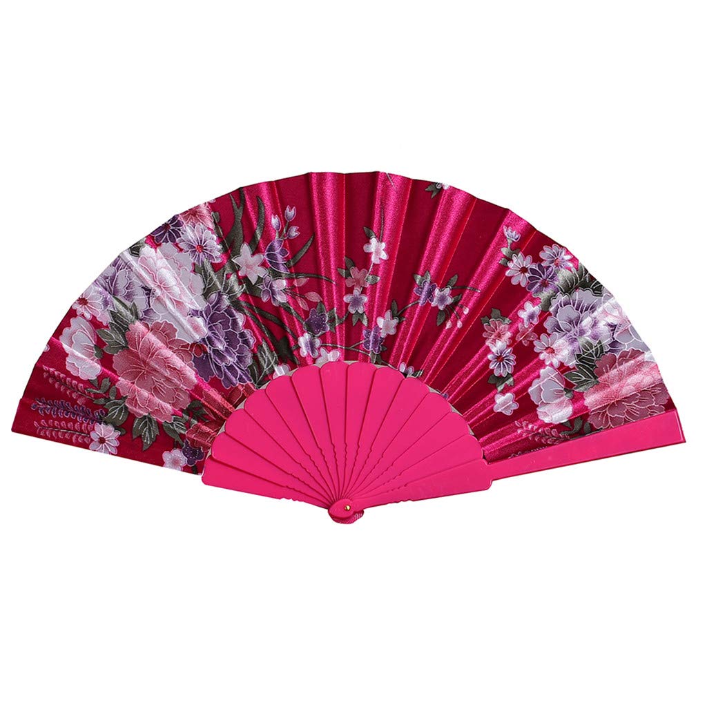 Party Dance Lace Fan Wedding Silk Hand Held Folding Flower Fans Window Fans with Exhaust And Intake (Hot Pink, One Size)