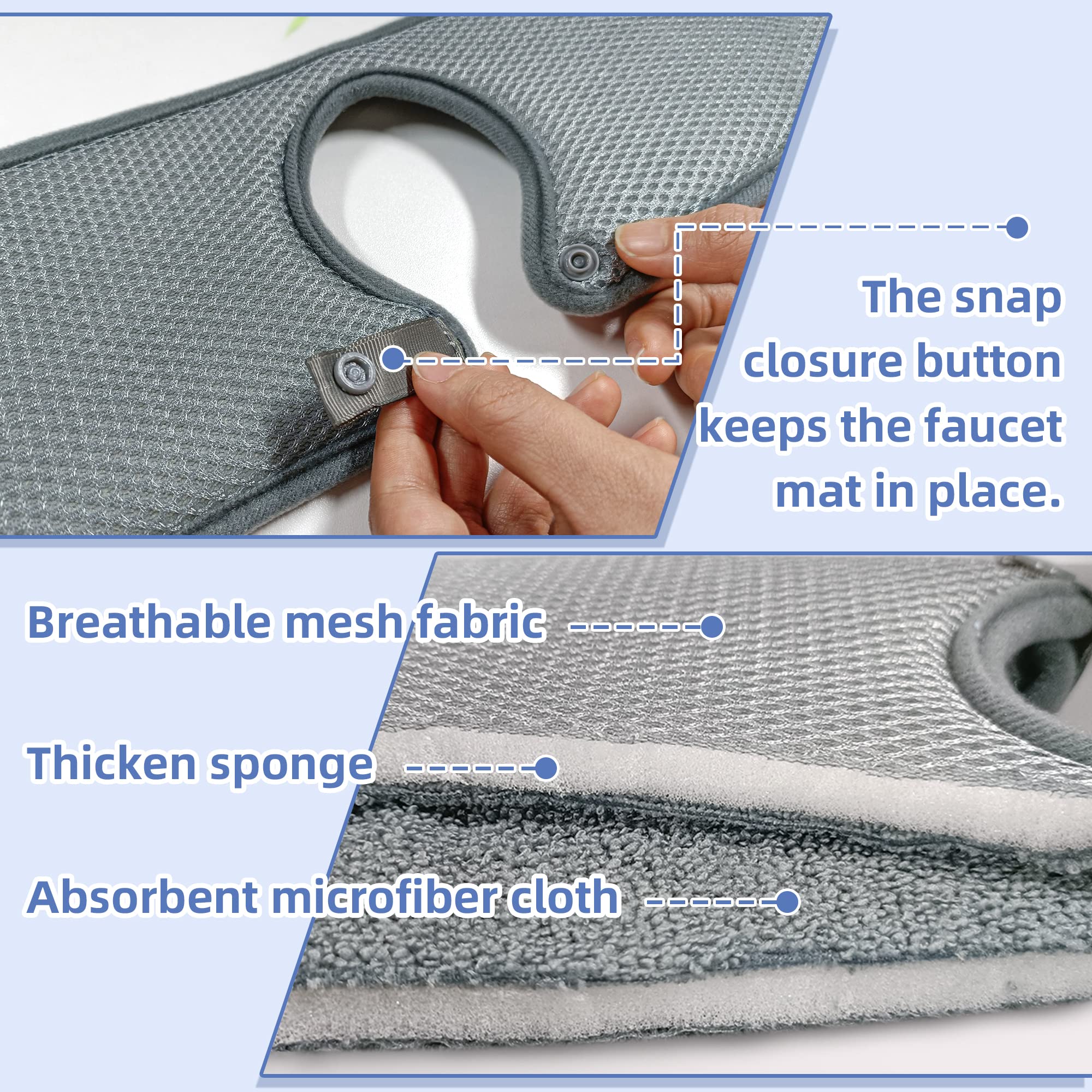 LOPNUR 2 Pack Faucet Mat for Kitchen Sink, 24 inch Long Kitchen Sink Splash Guard Behind Faucet, Thicken Sponge Microfiber Faucet Absorbent Mat, Machine Washable Faucet Splash Catcher, Gray