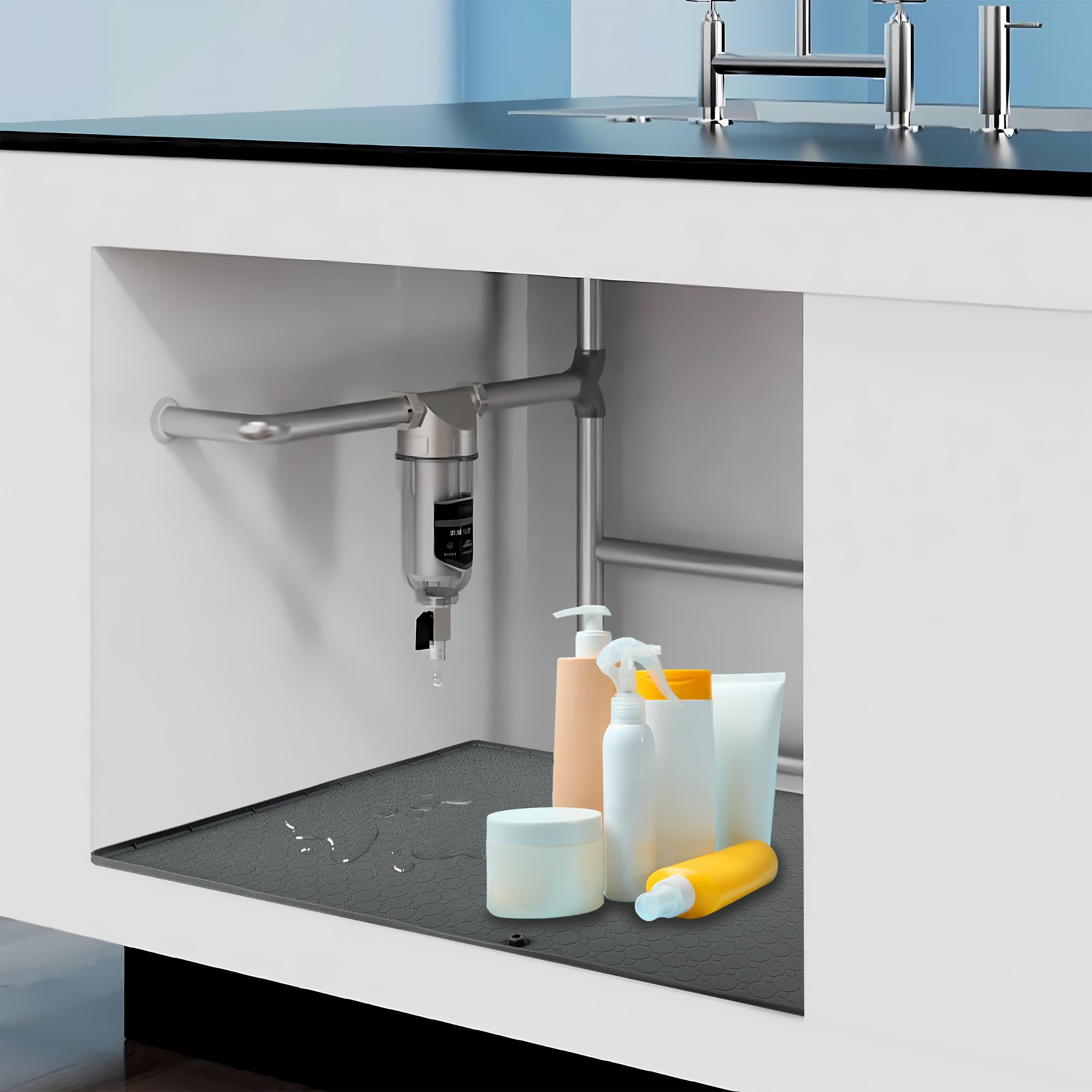 Under Sink Mat, 34" x 22" Waterproof Silicone Under Sink Tray for Kitchen & Laundry Cabinets, Kitchen Cabinet Shelf Protector,Fits 36 inch Standard Cabinet (Grey)