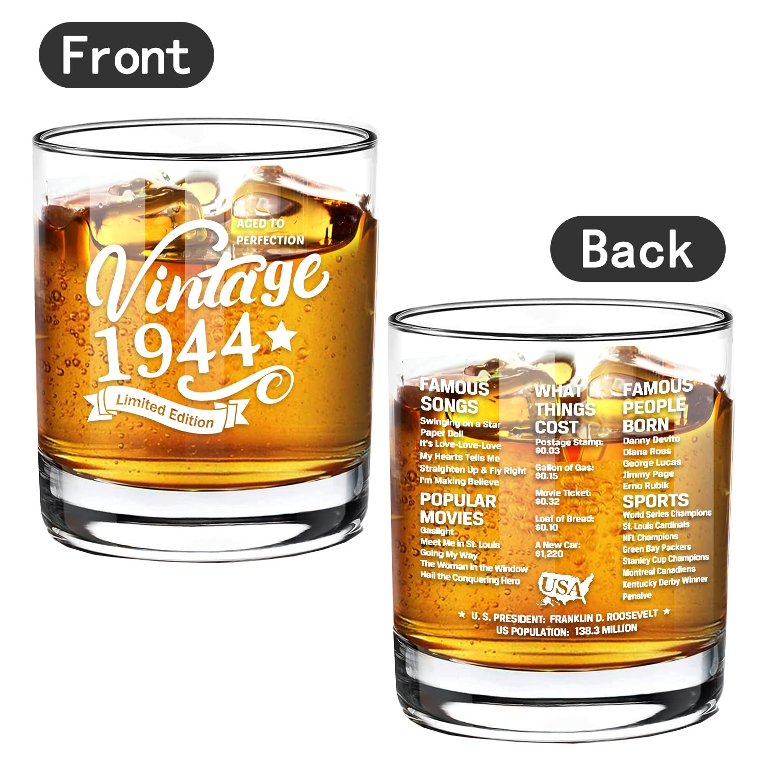 Old Fashioned Glasses-1944-Vintage 1944 Old Time Information 10.25oz Whiskey Rocks Glass -80th Birthday Aged to Perfection - 80 Years Old Gifts Bourbon Scotch Lowball Old Fashioned-1PACK