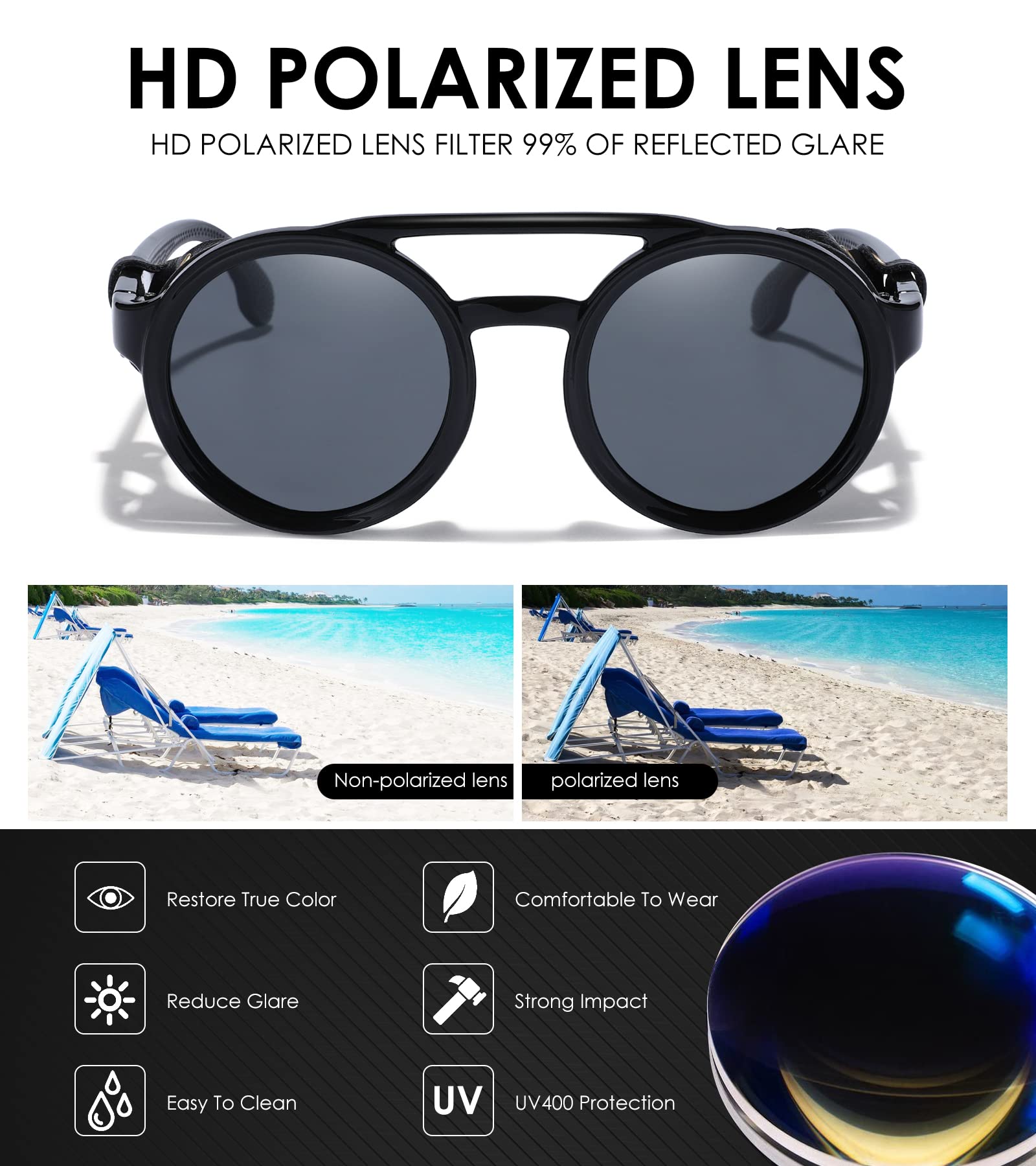 PANNER Retro Round Steampunk Polarized Sunglasses with Leather Side Shield Double Bridge Vintage Eyewear for Men Women(Black)
