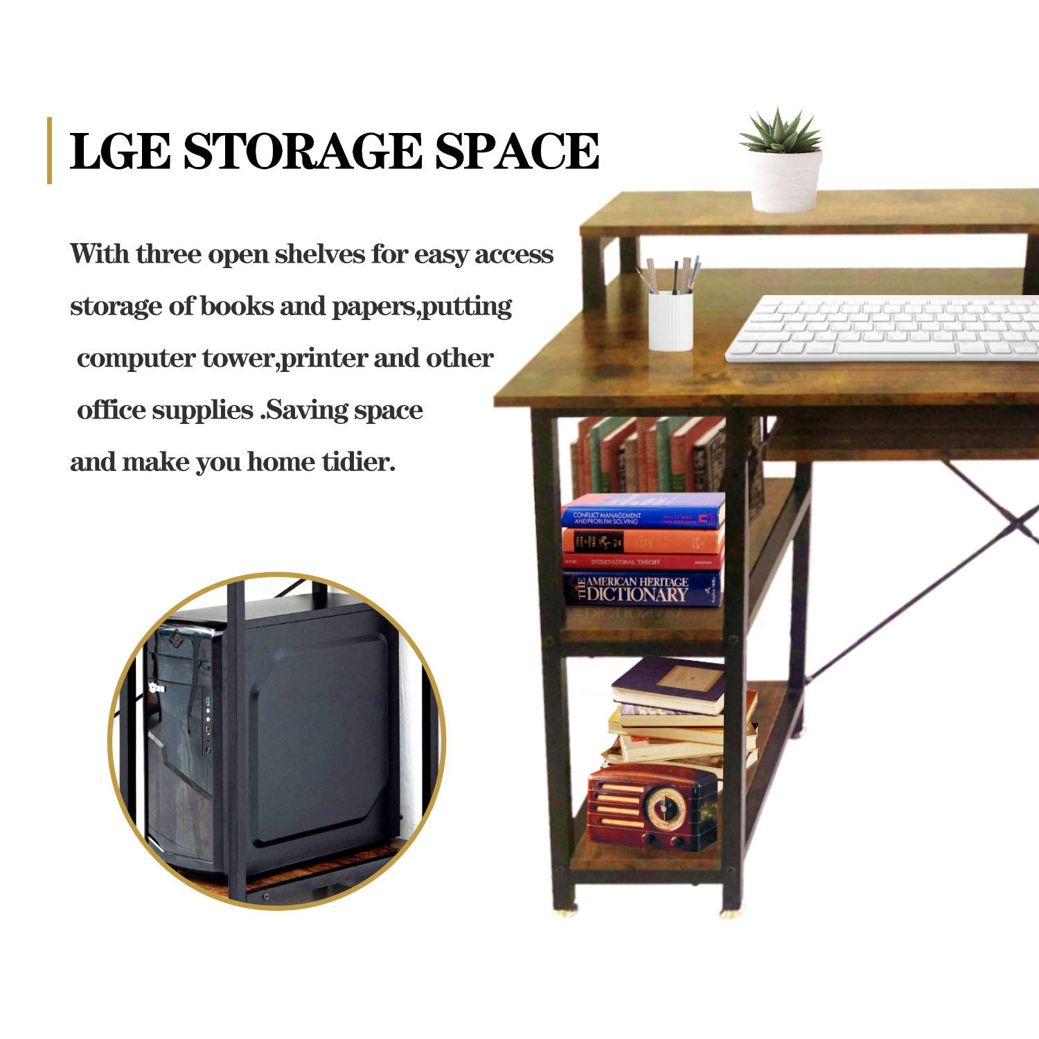 LOVEZ Computer Desk with Storage Shelves/Keyboard Tray/Monitor Stand Desk with Bookshelf Easy Assemble Study Table for Home Office (Brown)