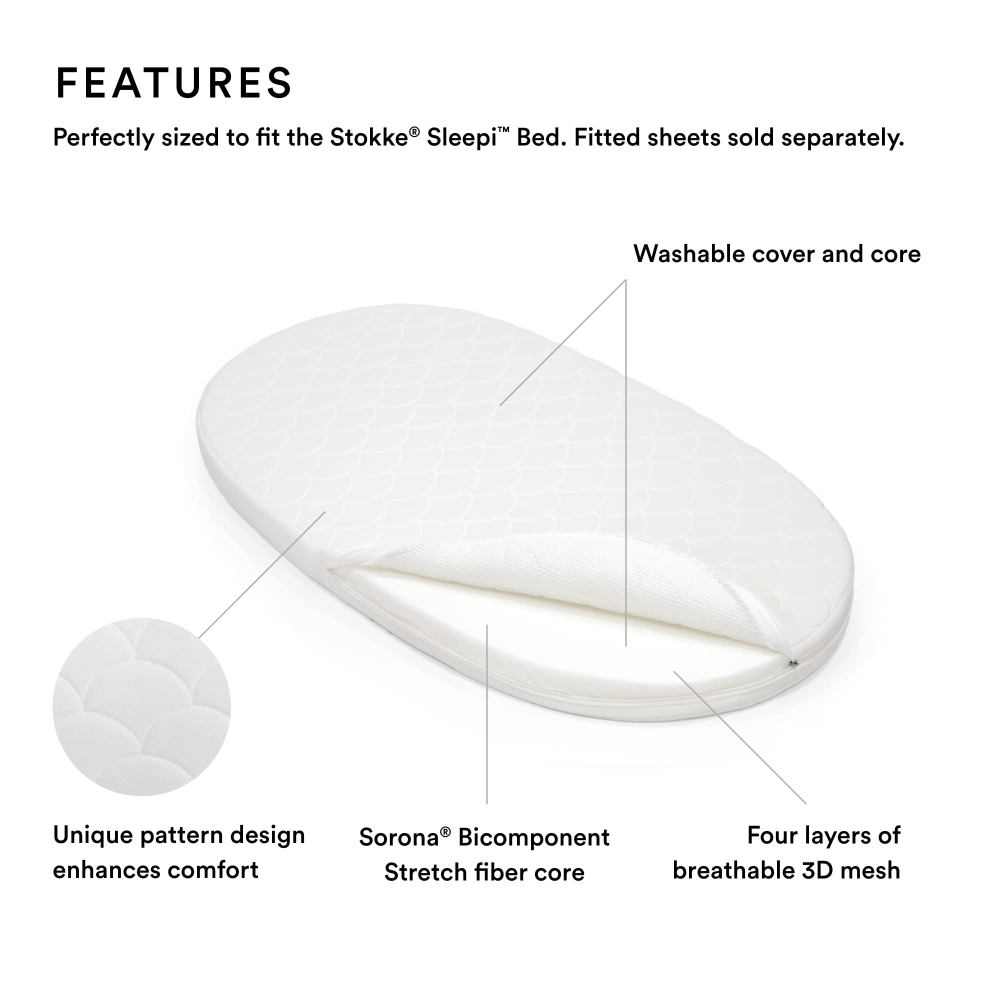 Stokke Sleepi Mattress, White - Four Layers of Breathable 3D Mesh for Safe Sleep - Offers Comfort & Support for Children - Washable