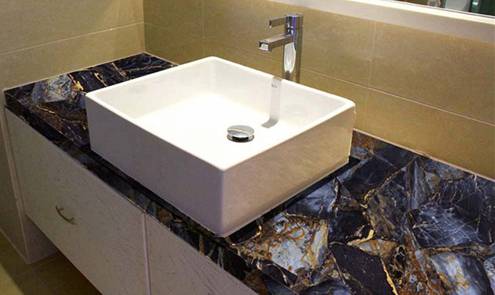 Moyishi Granite Look Marble Gloss Film Vinyl Self Adhesive Counter Top Peel and Stick Wall Decal 15.8"x118" (Dark Blue)