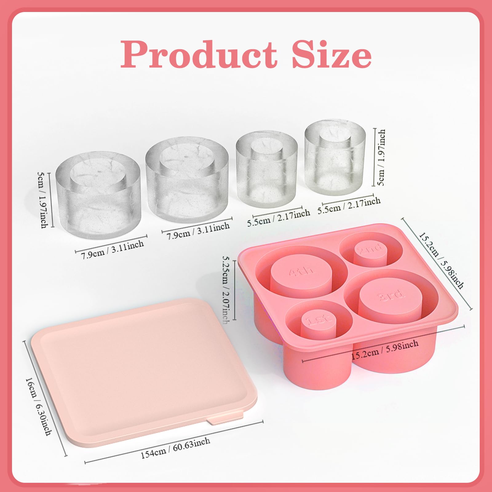 Sayrrame Ice Cube Tray for Stanley Cup, Silicone Ice Mold with Lid for 40oz 30oz 20oz 14oz Tumbler, 4 Pcs Hollow Cylinder Ice Maker for Chilling Cocktails, Whiskey, Drinks Coffee (Pink)