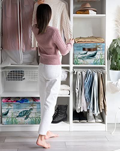Storage Cubes Organizer with Handles, Aminal Sea Turtle Sea Horse Octopus Whale Storage Bins Collapsible Storage Baskets for Shelf Closet Nursery Cloth Organizers Box Ocean Underwater World Theme 1pcs