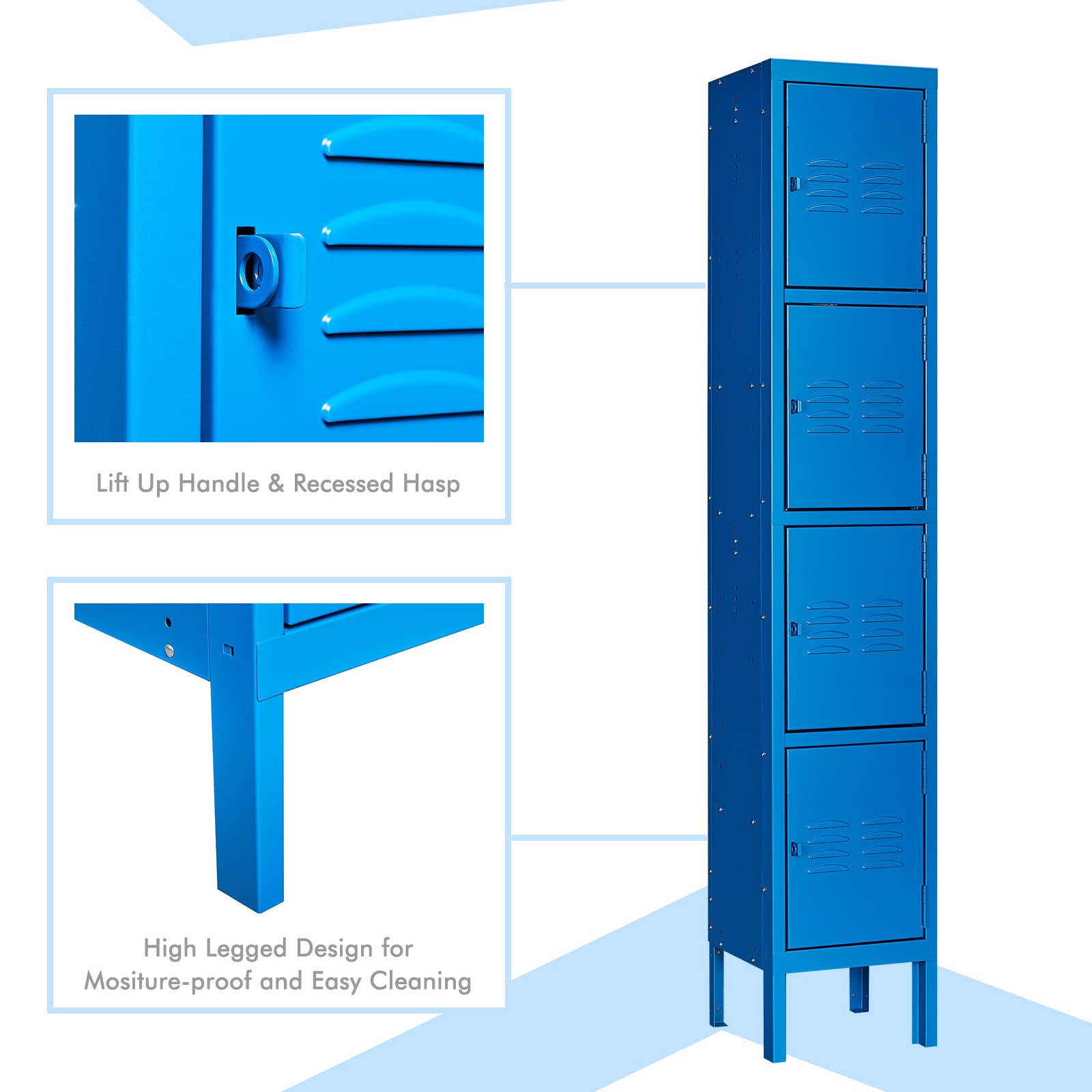 MIIIKO Metal Locker 4 Tiers, Employee Locker Cabinet, 4 Tiers Blue Locker Cabinet for School, Gym and Home Office