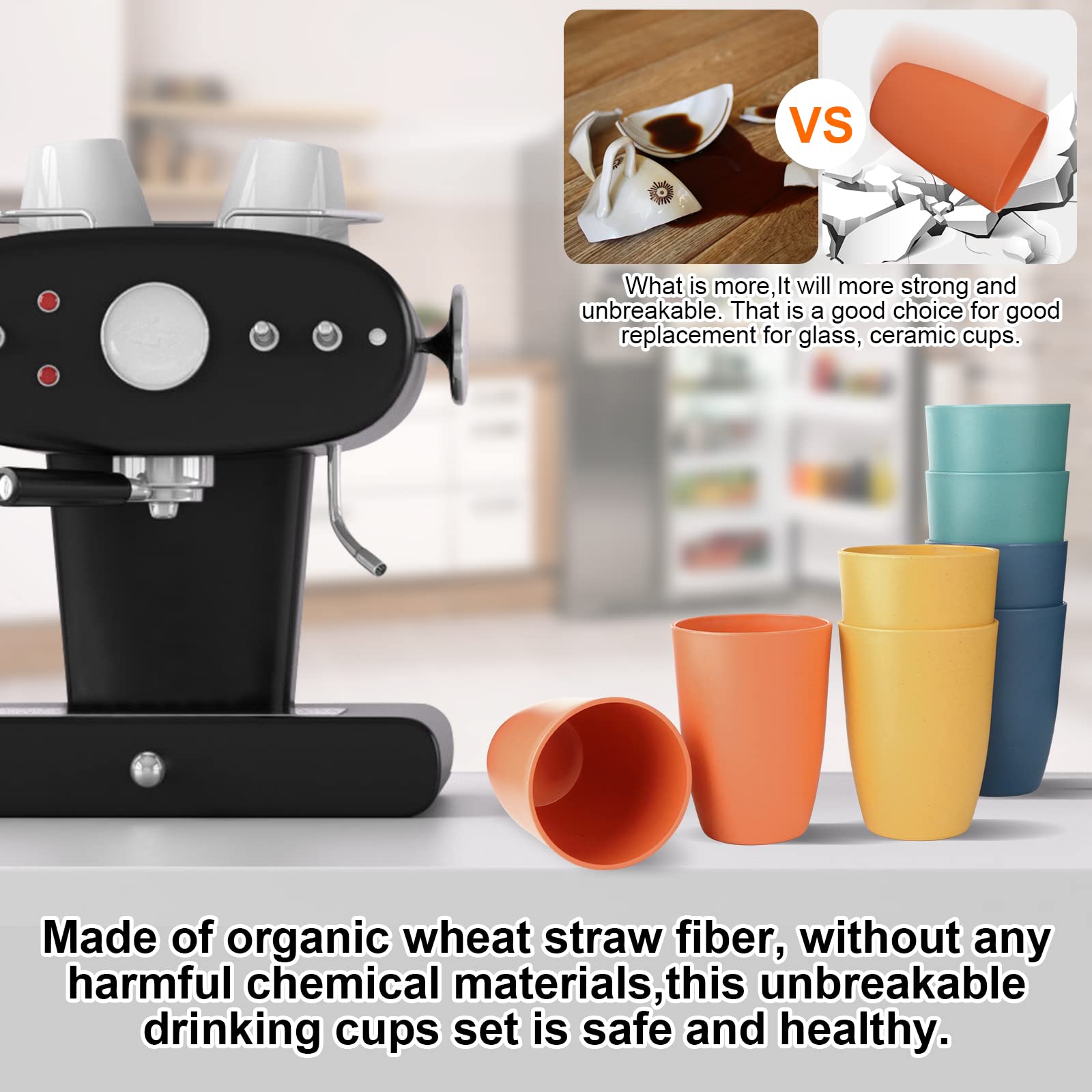 ninjori Wheat Straw Cups,8 PCS Plastic Cups 12 oz Unbreakable Drinking Cup, Reusable Dishwasher Safe Water Glasses with 4 Colors for Drinking Water Juice Milk Soda Coffee