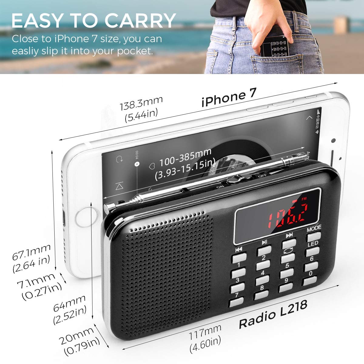 Mini Portable Radio AM FM Pocket Radio with MP3, LED Flashlight, Digital Radio Speaker Support Micro SD/TF Card/USB, Auto Scan Save, 1200mAh Rechargeable Battery Operated, by PRUNUS[Latest Version]