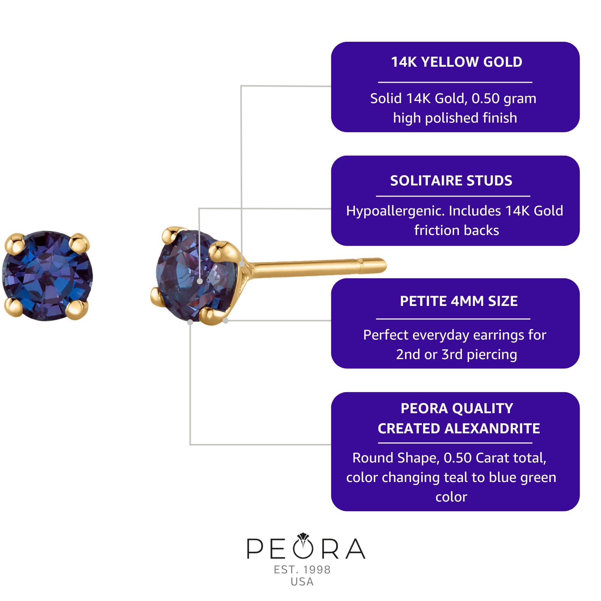 Peora Solid 14K Yellow Gold 4mm Round Created Alexandrite Solitaire Stud Earrings for Women, Hypoallergenic Color Changing 0.50 Carat total AAA Grade, June Birthstone, Friction Backs