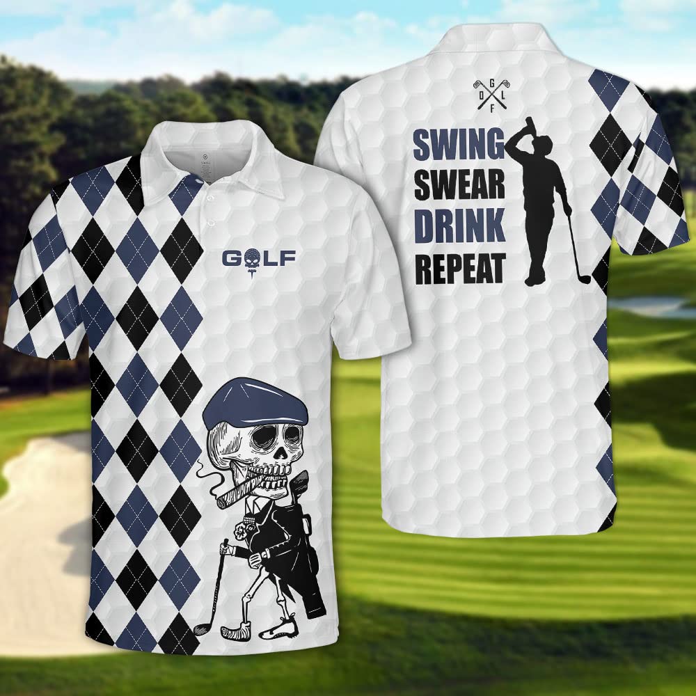 Nidulo Skulls Shirts for Men Swing Swear Look for Ball Repeat Crazy Golf Shirts for Men Argyle Golf Shirts for Men Gifts