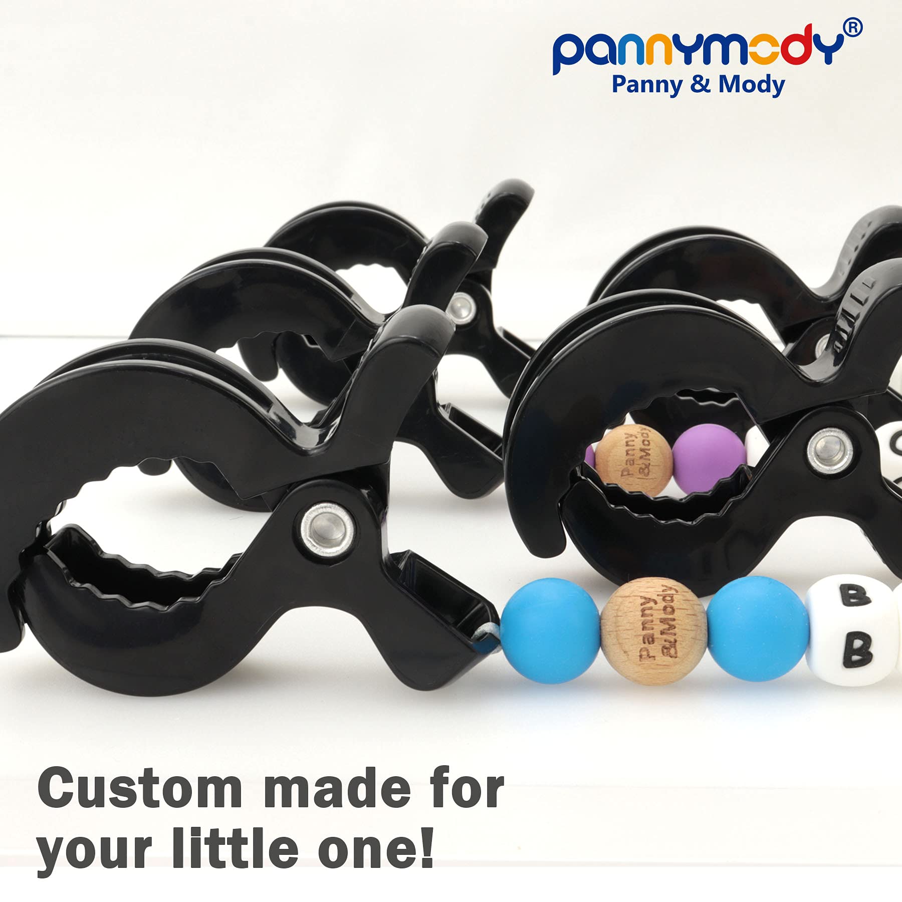 Personalized Stroller Clip with Name, Customizable Stroller Clip, Silicone Safety Clips, Panny & Mody Plastic Universal Clip for Strollers, Bags, Shopping Cart, Cribs, Cars(Grey)