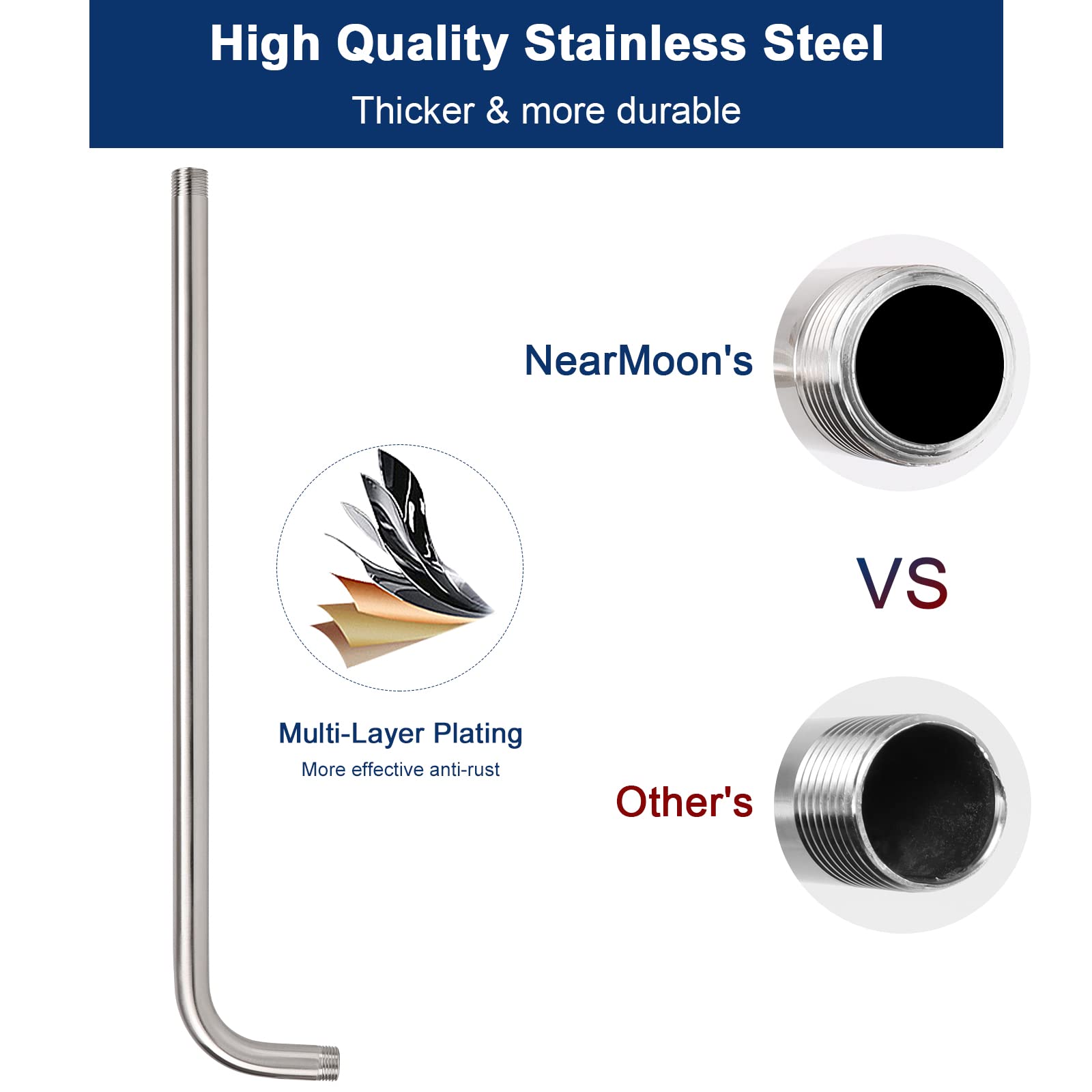 NearMoon Shower Arm, Extra Fixed Arm with Flange, Stainless Steel Wall-Mounted ShowerHead Arm (20 Inch, Brushed Nickel)