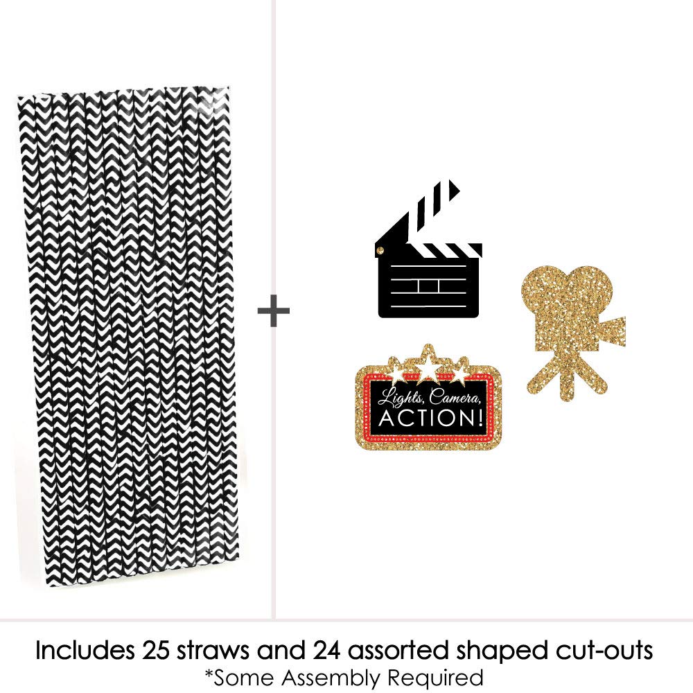 Red Carpet Hollywood - Paper Straw Decor - Movie Night Party Striped Decorative Straws - Set of 24