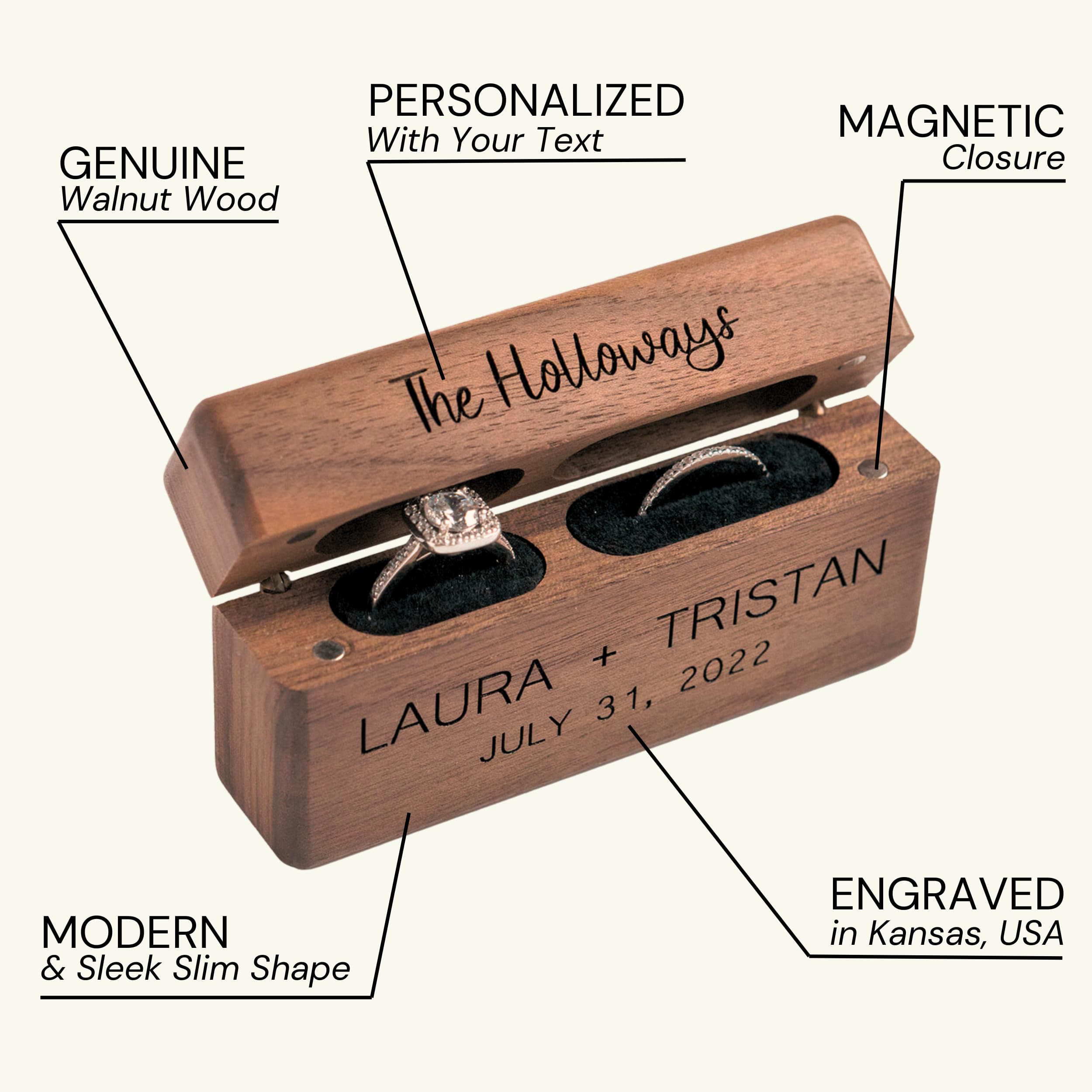 Personalized Wooden Ring Box. Slim Double Slot Holder for 2 Rings. Custom Wedding Engagement Ring Box. Custom Ring Holder. (Design 6)