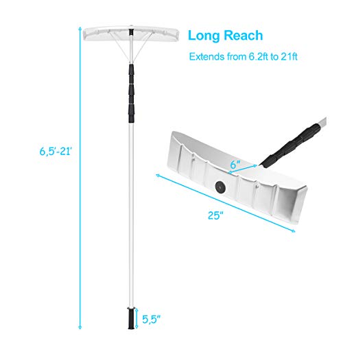 S AFSTAR Aluminum Roof Rake, 6.5’-21’ Telescoping Snow Roof Rake w/ 6’’ x 25’’Blade & Twist-N-Lock, Lightweight Snow Rake for House Proof, Debris, Leaves, Branches, Snow Removal