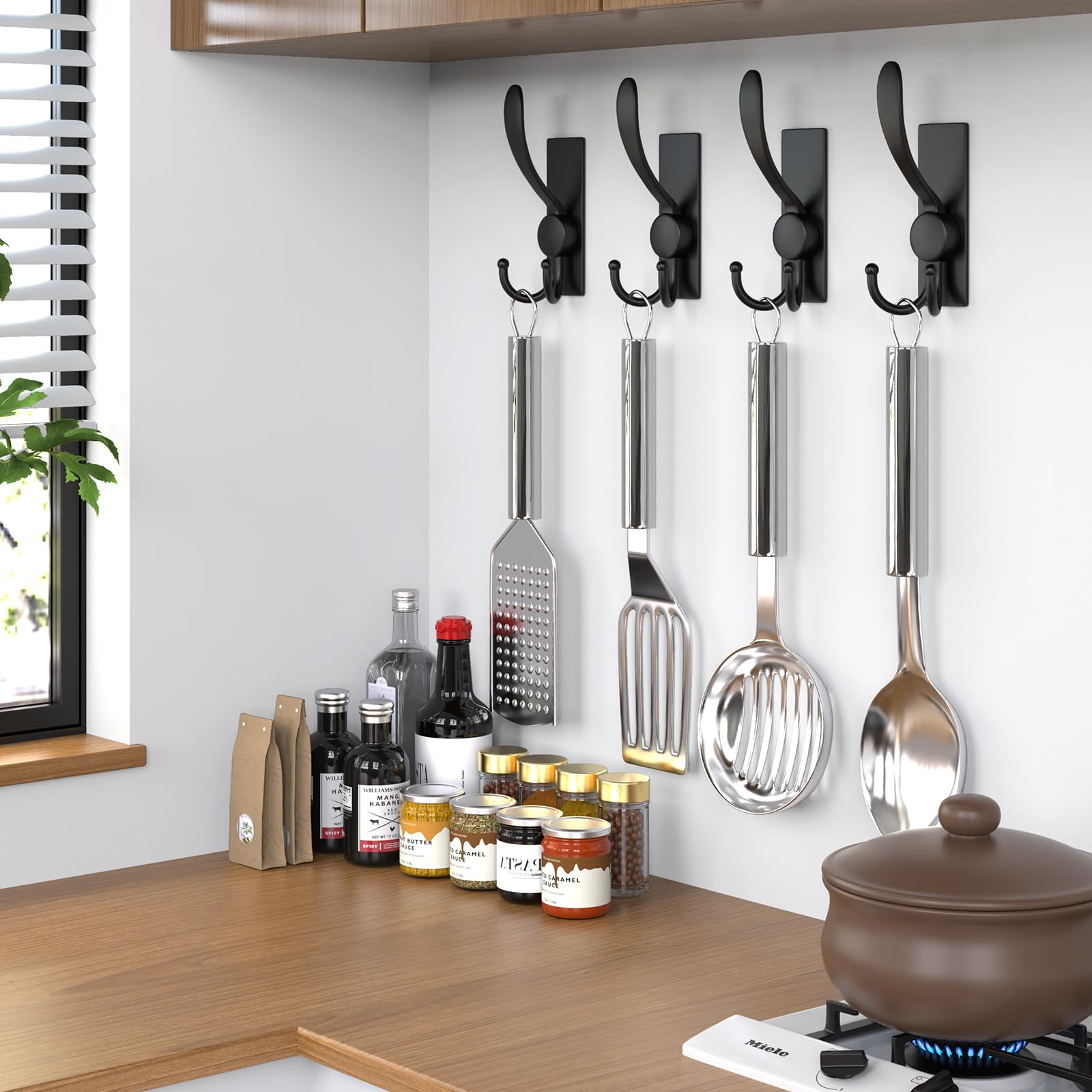 VINHOLD Self-Adhesive Coat Hooks with Tri Hooks, Metal Wall Mounted Towel Hooks for hanging towels, coats, hats, pans, Utility Hooks for bathrooms, bedrooms,kitchens(2 pack,Black)
