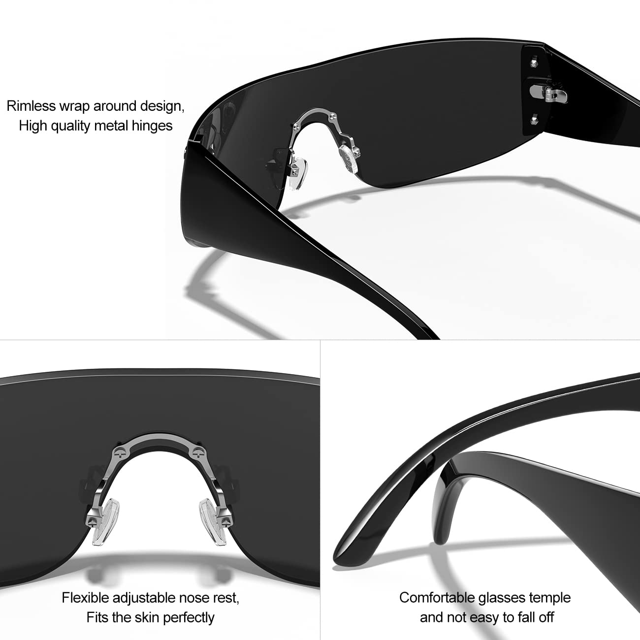 Rimless Y2K Sunglasses for Women Men 2000s Wrap Around Sunglasses Trendy Oversized Shield Sun Glasses UV400 Protection