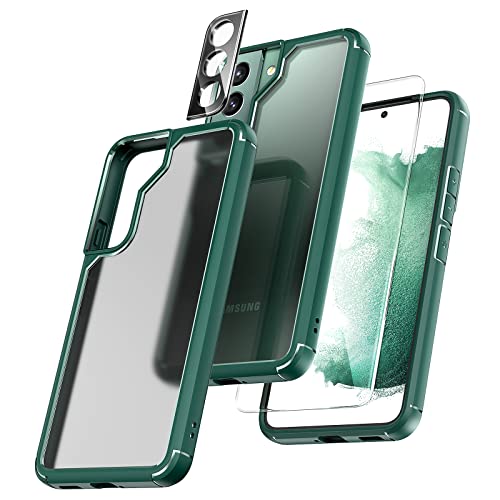 TOCOL [5 in 1 for Samsung Galaxy S22 Case 6.1 Inch, with 2 Pack Screen Protector + 2 Pack Camera Lens Protector, Translucent Matte Back [Military Grade Protection] Case for Galaxy S22 5G, Green
