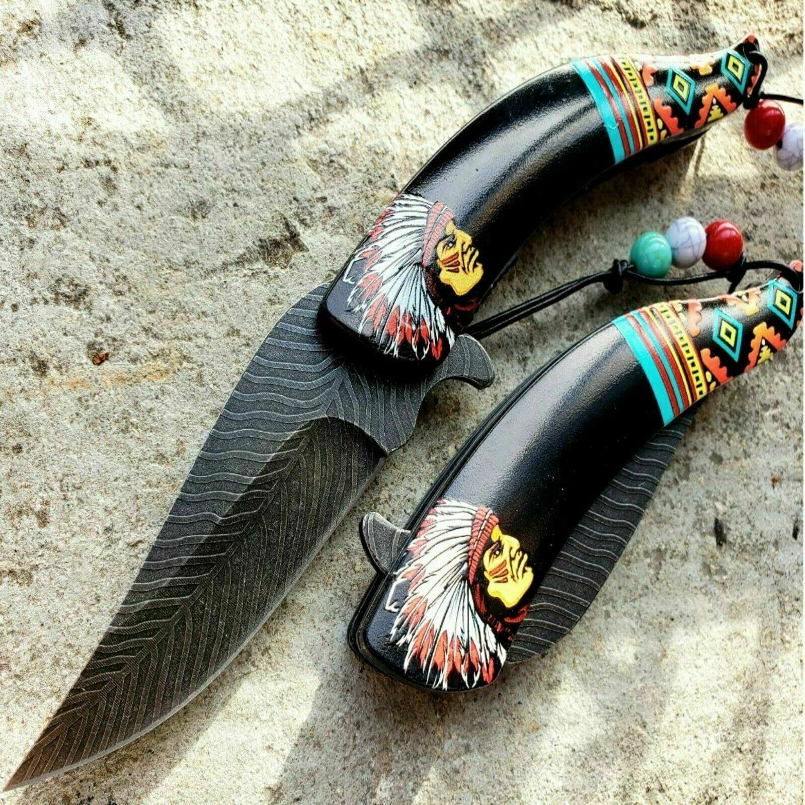 S.S. Folding Knives 8inch Native American Indian Style Open Folding Pocket Knife Outdoor Survival Hunting Knife for Camping by Survival Steel