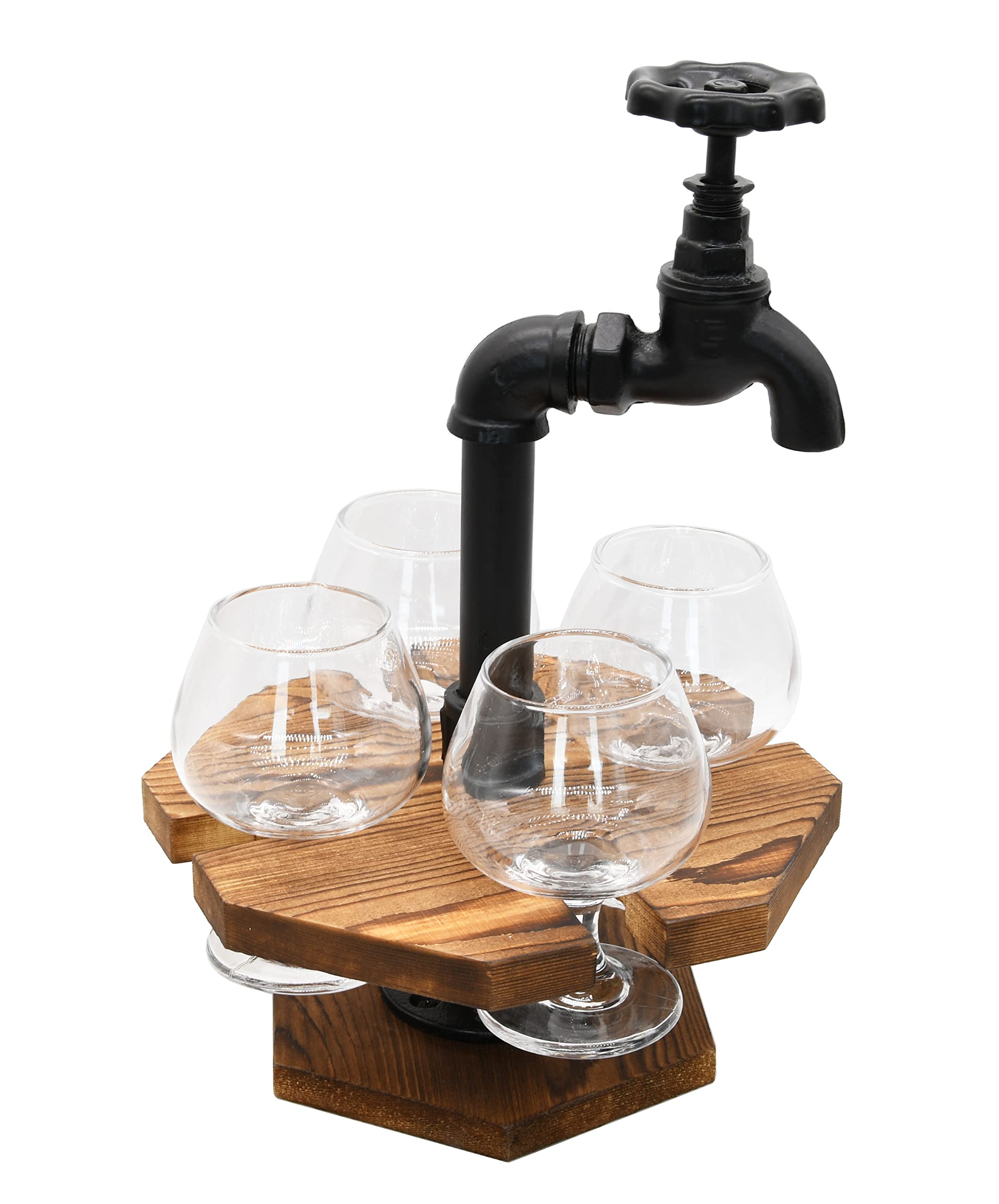 Owlgift Industrial Pipe & Burnt Wood Beer/Whiskey Flight Set with 4 Glasses, Cast Iron Faucet Spigot Design