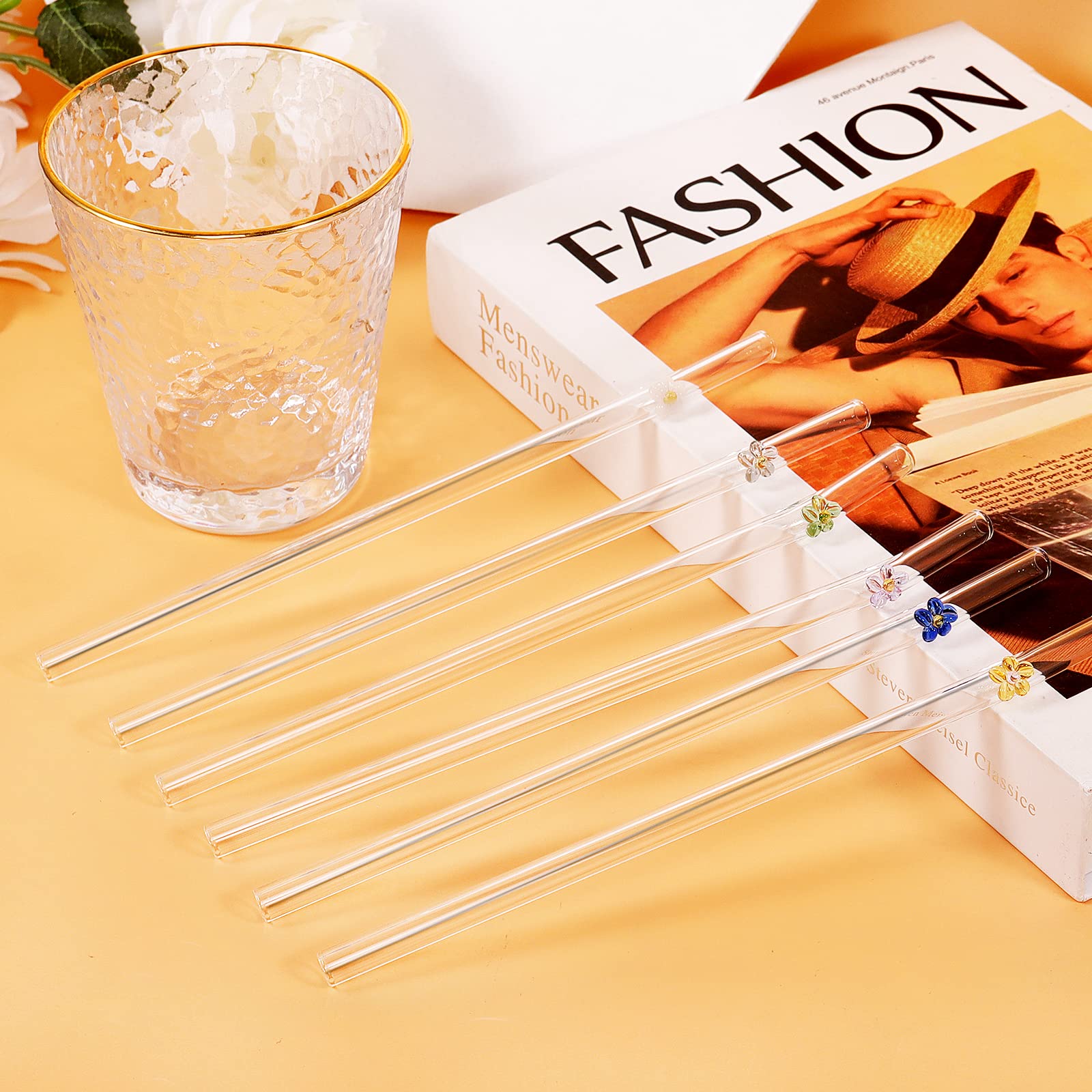 Reusable Glass Straw with Flower,Shatter Resistant Bend Glass Straws with Design Flower Decorative Cocktails Bar Accessories with Cleaning Brush (16)