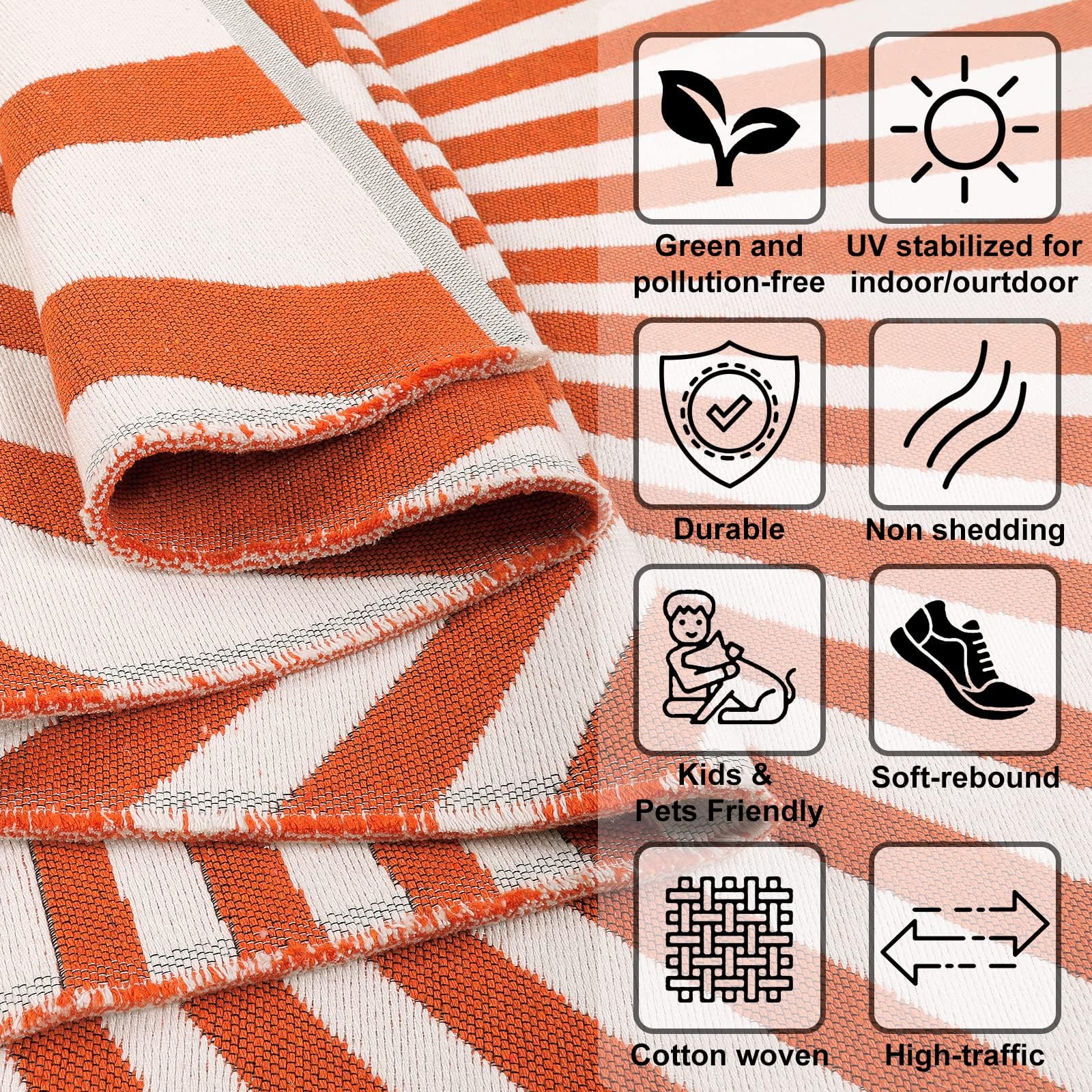 LEEVAN Boho Rug for Living Room, Machine Washable Rugs, Farmhouse 4x6 Rug Cotton Woven Bedroom Rug, Entryway Rugs Indoor, Orange&White