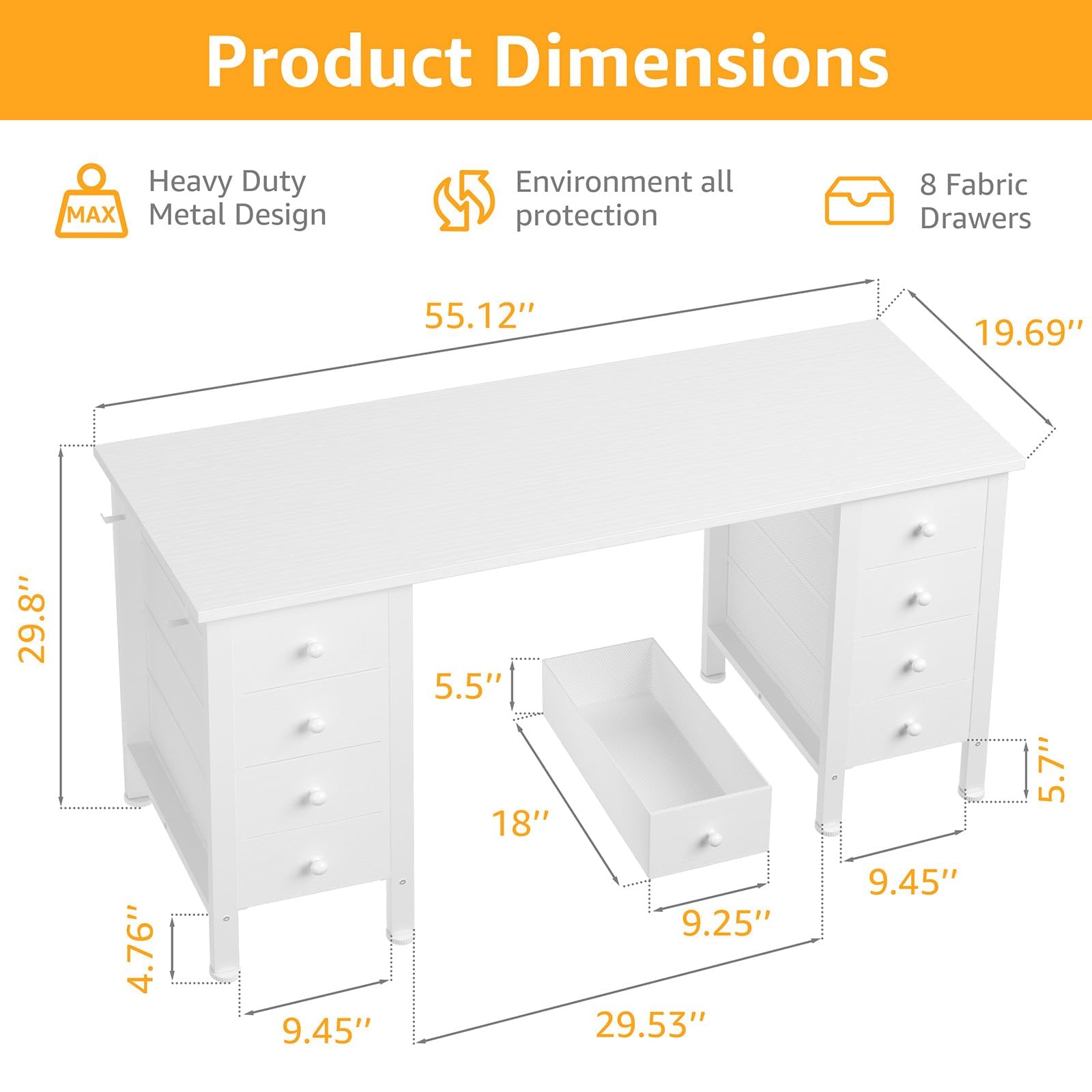 White Computer Desk with Drawers for Storage - 55 inch Home Office Desk with 8 Fabric Drawers, Writing Study Desk with Drawers on Both Sides for Bedroom