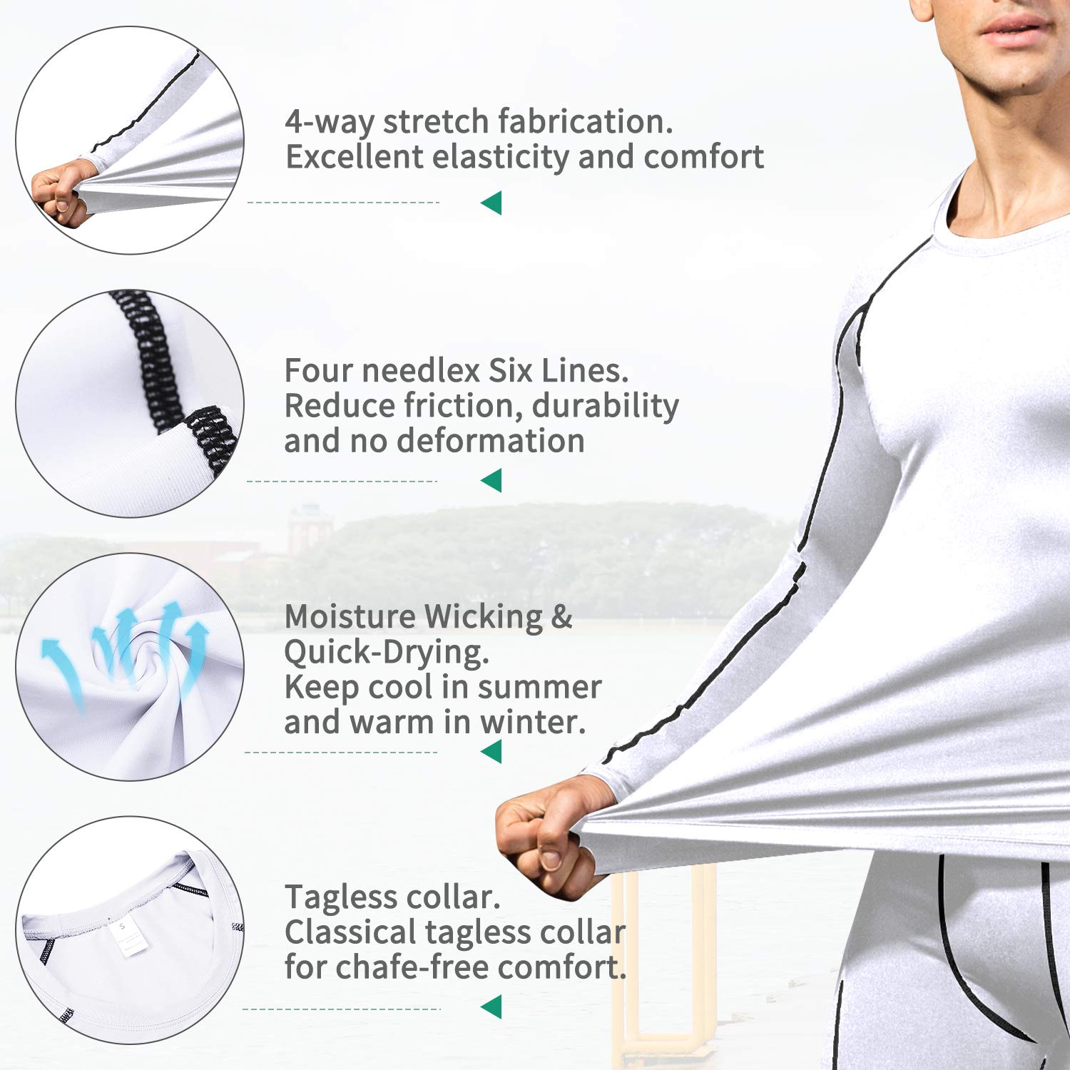 Queerier 3 Pack Men's Compression Shirts Long Sleeve Athletic Workout Tops Gym Undershirts Active Sports Baselayers, Blue + Orange + White