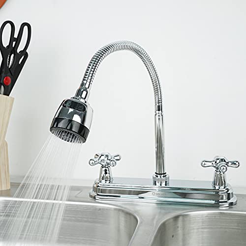 SOLVEX 2 Handle Kitchen Sink Faucet, High Arc 360 Swivel Stainless Steel Pipe 3 Hole Kitchen Faucet, Commercial Modern Chrome Kitchen Sink Faucet with Flexible Spout, SP-80202