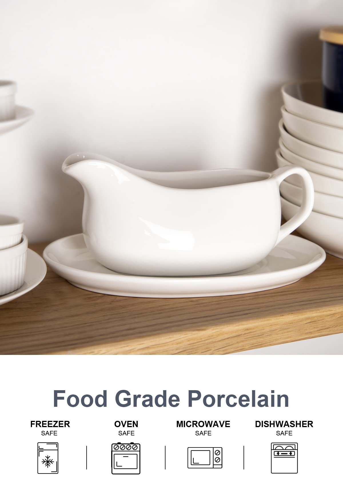 Nucookery Large 17 Oz Gravy Boat and Tray | Ergonomic Handle | White Fine Porcelain Saucier With Big Dripless Lip Spout For Gravy, Warming Sauces, Salad Dressings, Milk | Microwave & Freezer Safe