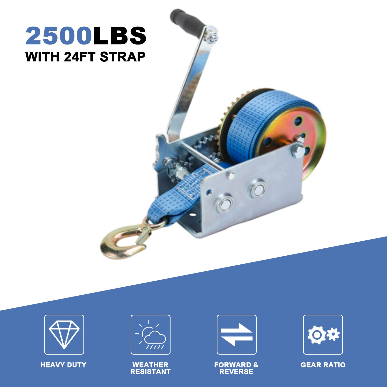 KUNTEC 2500lbs Hand Winch Hand Crank Durable Gear Manual Winch with 24FT Polyester Strap for ATV Boat Trailer