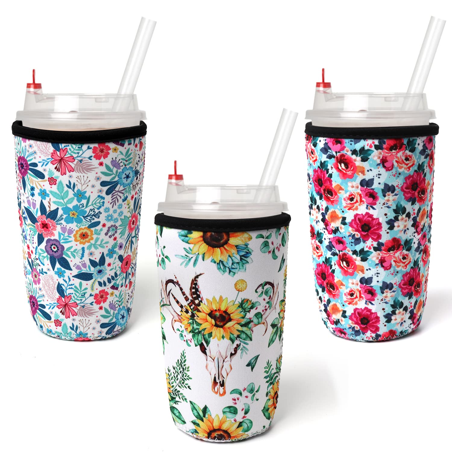 Reusable Iced Coffee Sleeve for Cold Drink Cups, Neoprene Insulator Cup Cover Holder Compatible with Starbucks Dunkin McDonalds Coffee - 3mm Thick (Large Size 30-32oz, Flowers Style