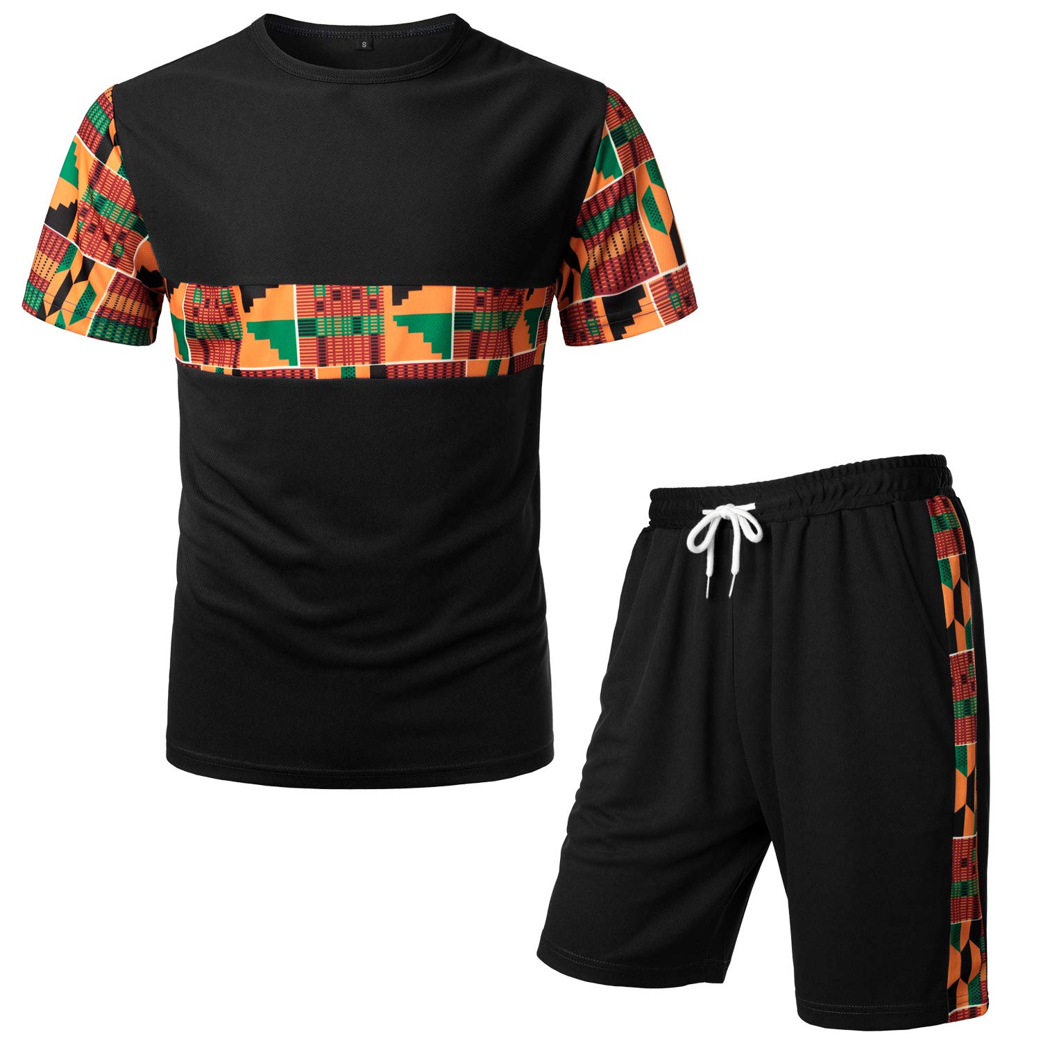 LucMatton Men's Summer 2 Piece African Pattern Printed T-Shirt and Shorts Set Sports Mesh Tracksuit Dashiki Outfits Black X-Large