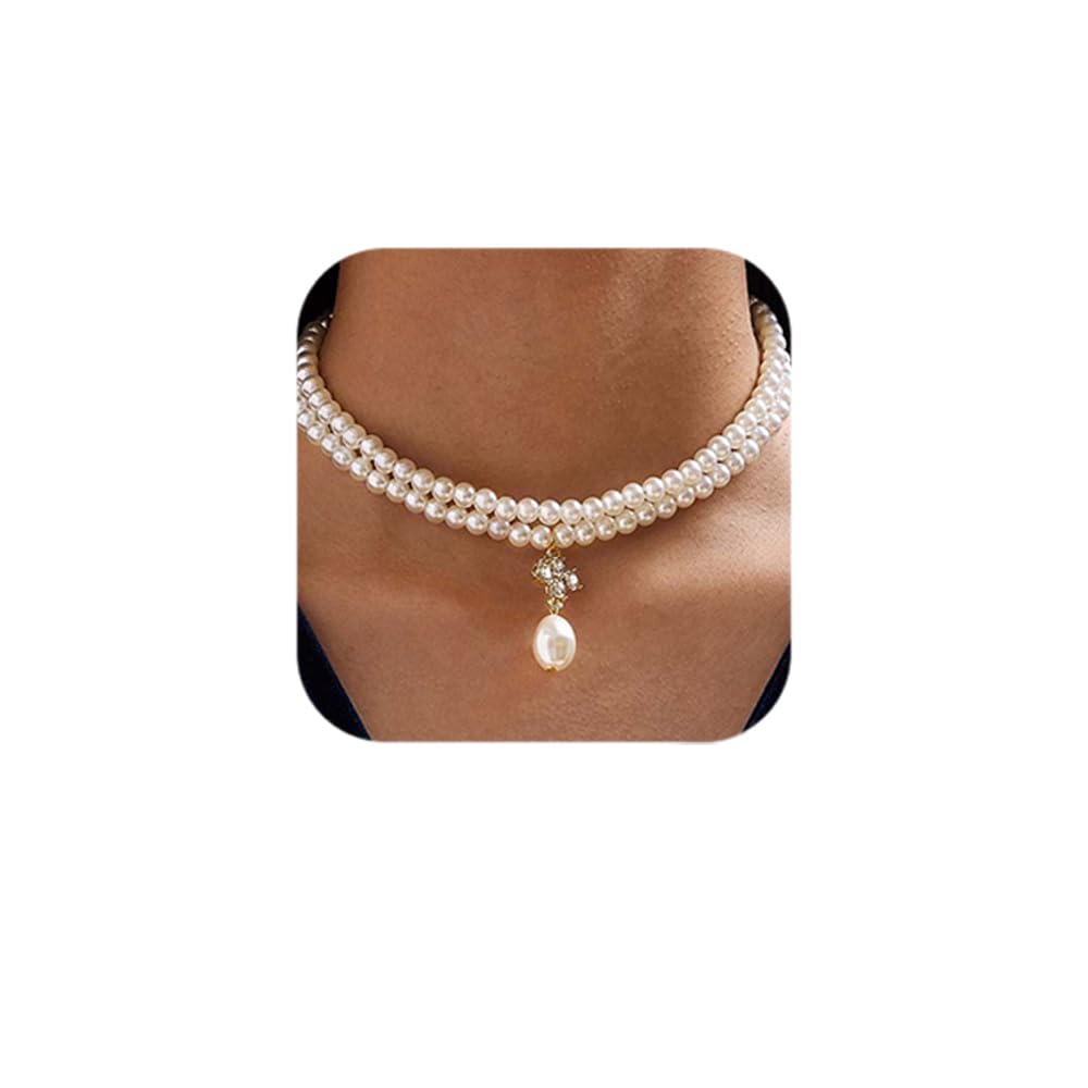 Octwine Dainty Boho Simple Chunky Rhinestones Pearls Short Cross Choker Necklace Chain Multilayer Choker Pearls Cross Pendant Necklaces Prom Party for Women 2 Tier