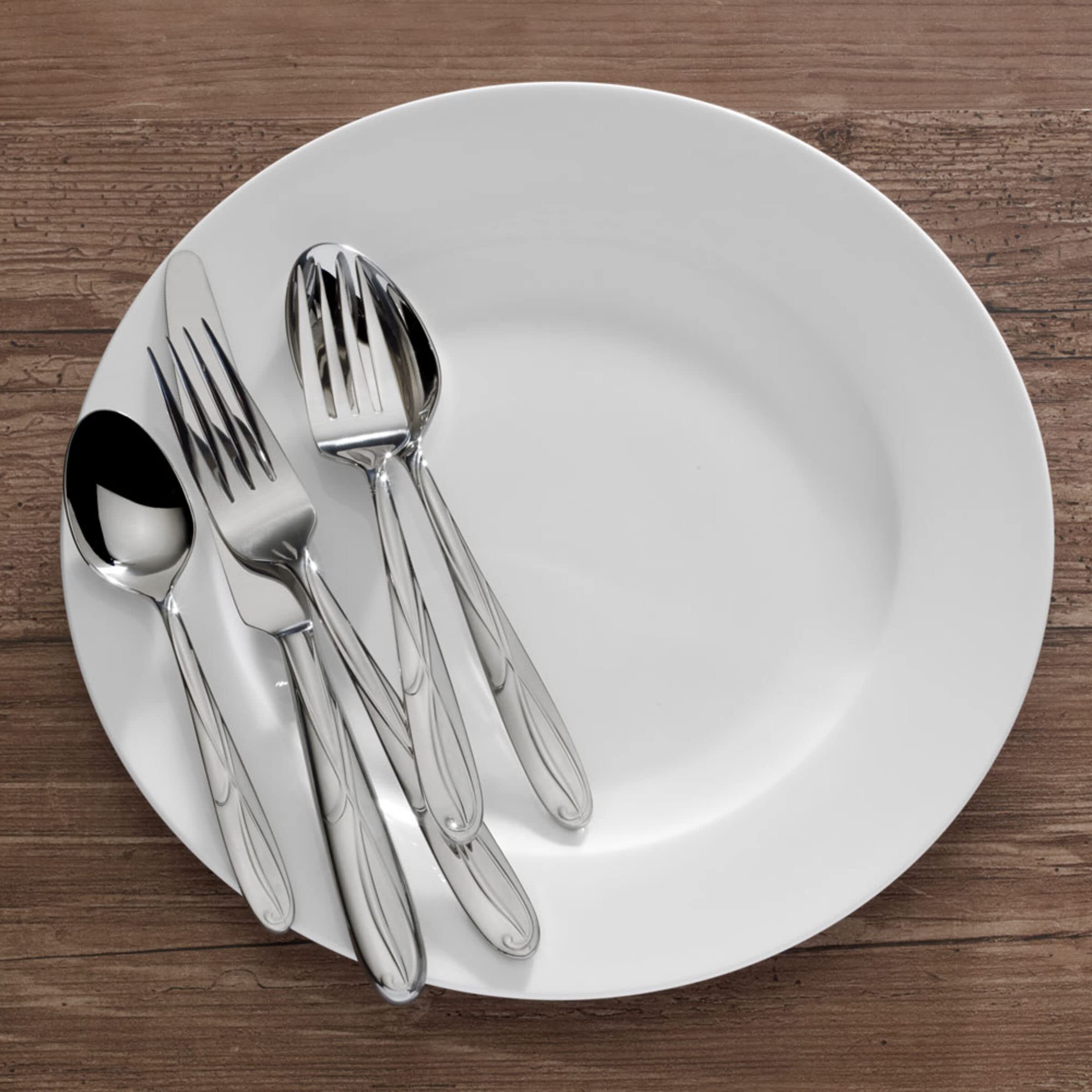 Mikasa 5061639 Cocoa Blossom 65-Piece 18/10 Stainless Steel Flatware Set with Hostess Serving Utensil Set, Service for 12,Silver