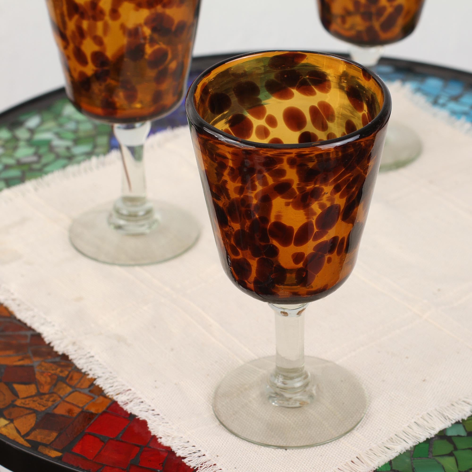 NOVICA Artisan Handmade Recycled Ecofriendly Wine Glasses Fair Trade Mexico Brown Tableware Drinkware Cocktail Backyard Barbeque [7in H x 3.9in Diam. 9 Oz.] 'Tortoise Shell' (Set of 6)