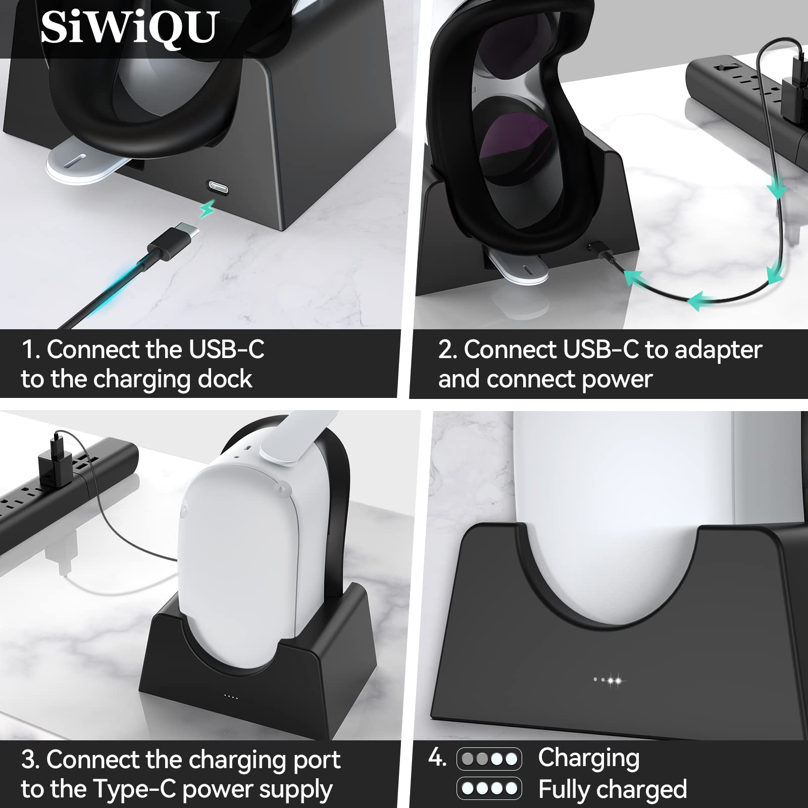 Quest 2 Charging Station, SiWiQU Mini Fast Charging Station for Quest 2, VR Charging Dock with LED Light, Safe, Portable, Come with USB C charger