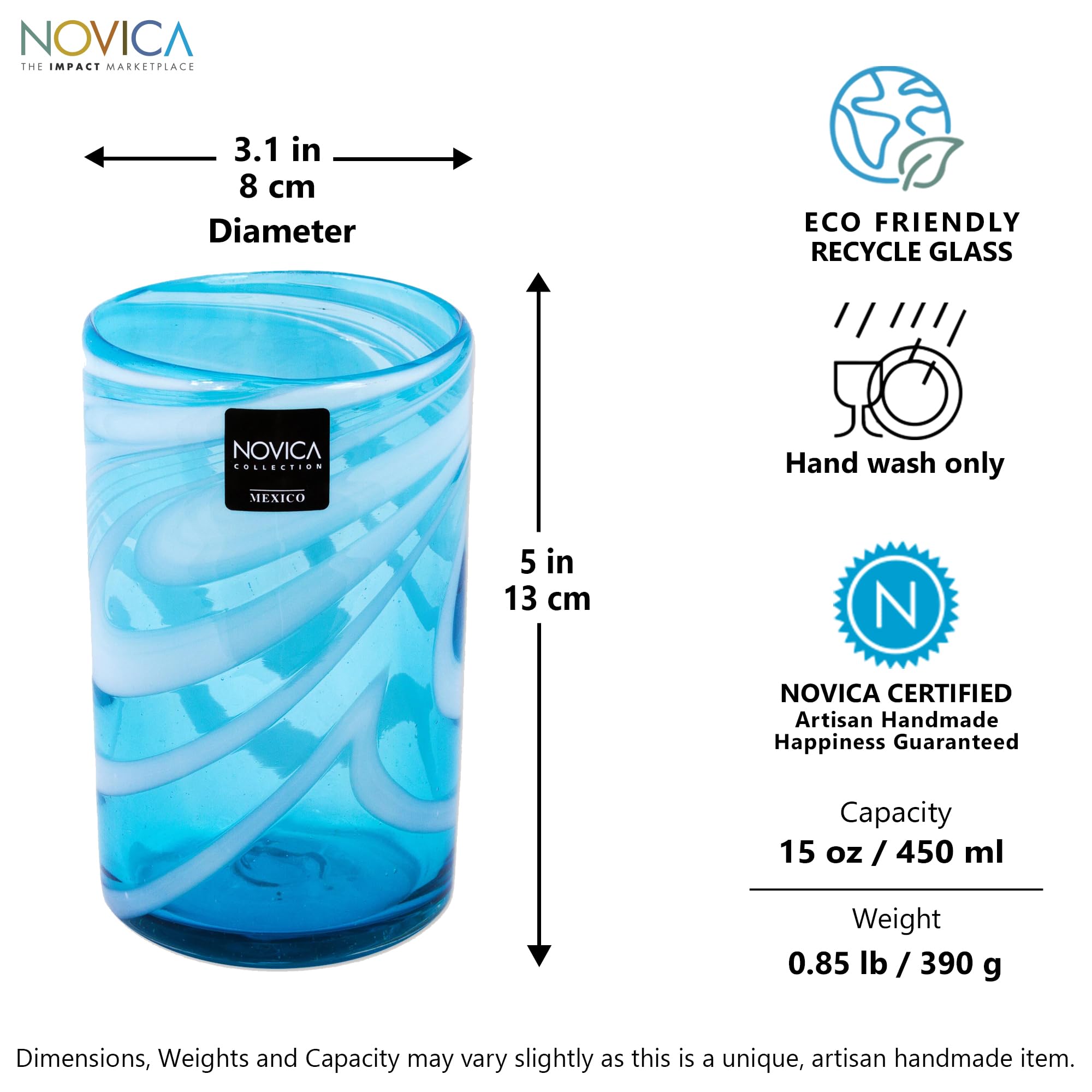 NOVICA Blue And White Swirl Hand Blown Glass Water Glasses, 15 Oz, 'Whirling Aquamarine' (Set Of 6)