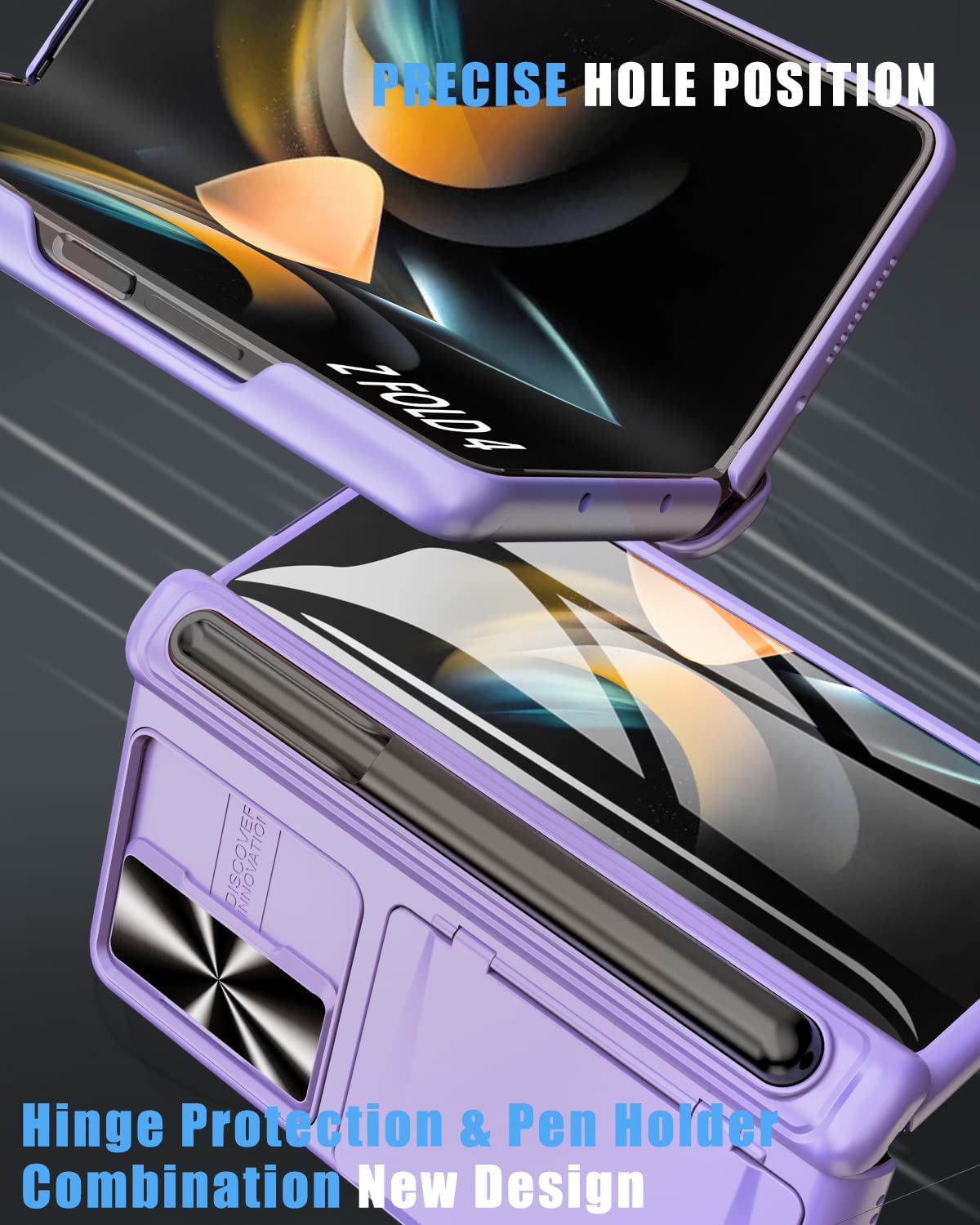 Vihibii for Galaxy Z Fold 4 Case with Card Holder & Sliding Camera Cover, S Pen Holder & Screen Protector & Magnetic Hinge Protection & Kickstand, Hard PC Phone Case for Samsung Z Fold 4 (Purple)