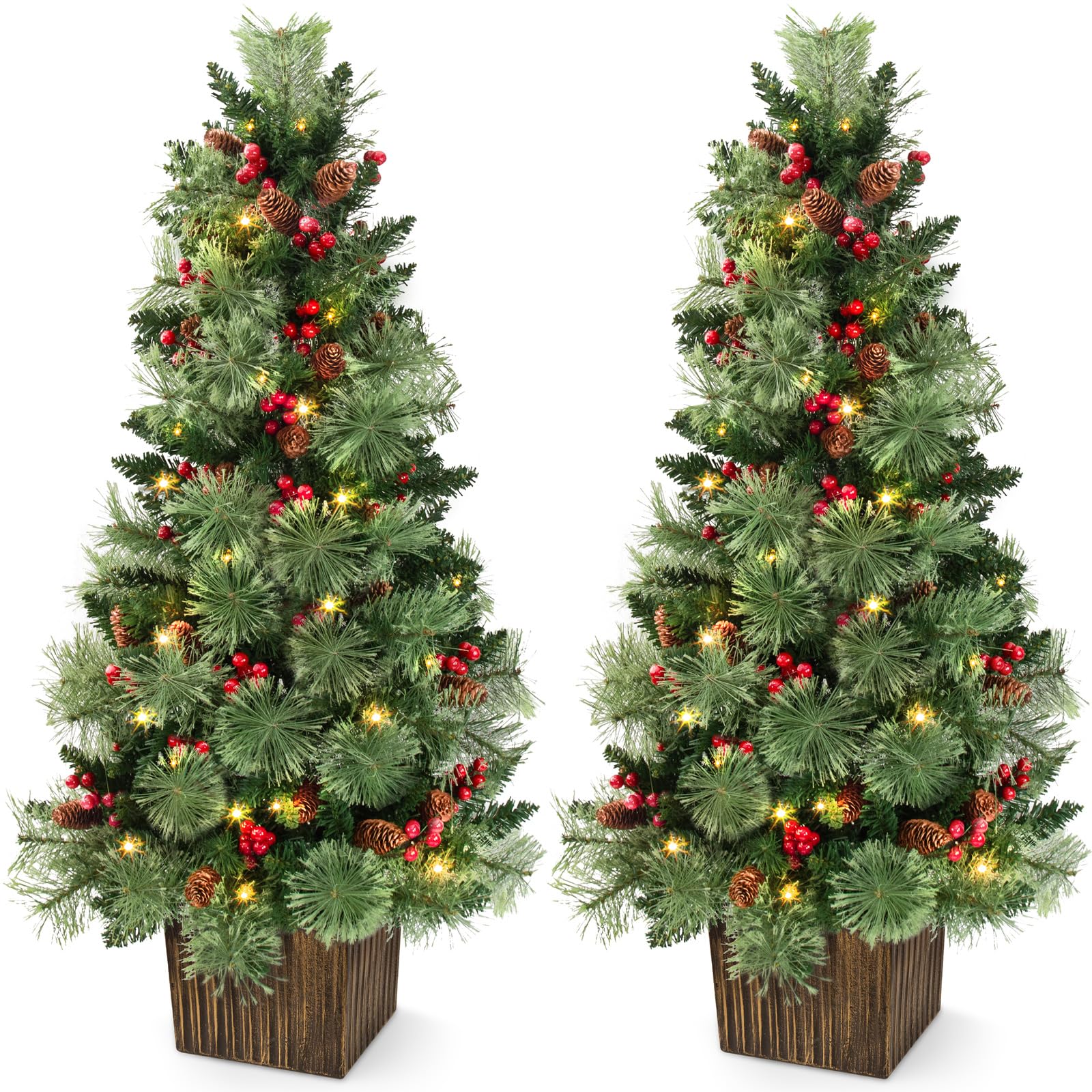 LAVEVE 4FT Pre-lit Christmas Tree Set of 2, 100 Warm White Lights|8 Modes & Timer| Waterproof Battery Box, Festive Berries & Pinecones