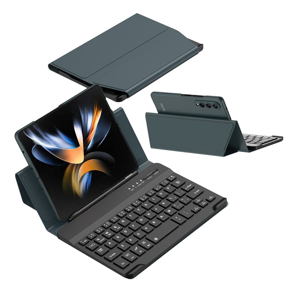 SHIEID Leather Cover for Samsung Galaxy Z Fold4 Keyboard Holster and S Pen Holder, Light Luxury Elegant with Kickstand Bluetooth Keyboard Wirelessly Connects Z Fold4 Keyboard, Green