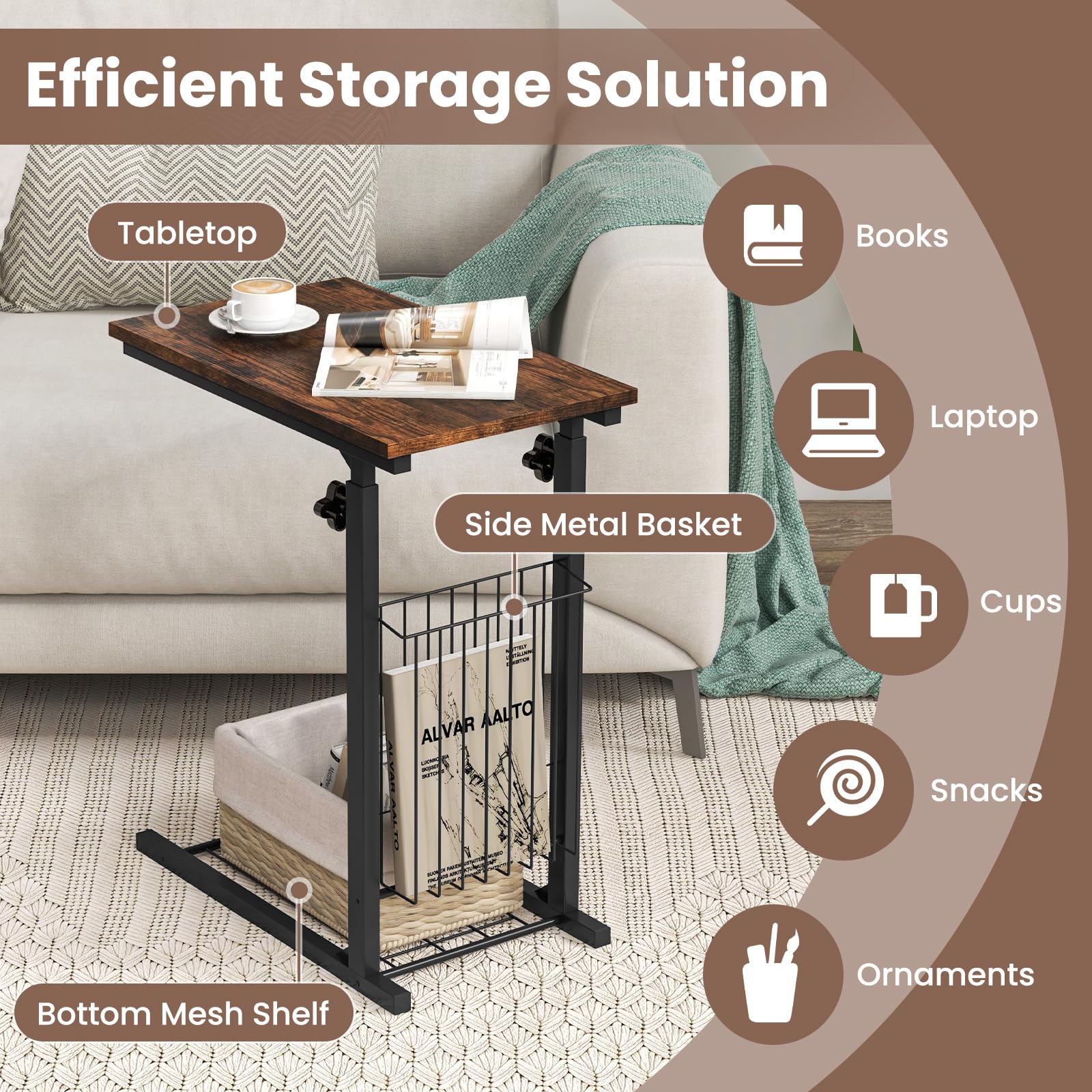 Tangkula Rolling Height Adjustable C Table, Mobile End Table with Detachable Wheels, Side Basket and Bottom Mesh Storage, Space-Saving Slide Under Sofa Table for Living Room Bedroom