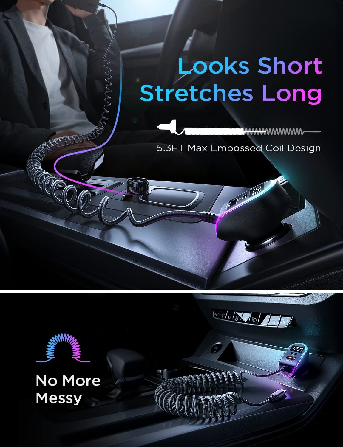 LISEN USB C 96W Super Fast Car Charger PD& QC3.0 with 5.3ft 36W Type C Coiled Cable,Car Phone Charger Adapter for iPhone 15 Pro Max Plus, Samsung Galaxy S24/S23/S22,Android, iPad Pro